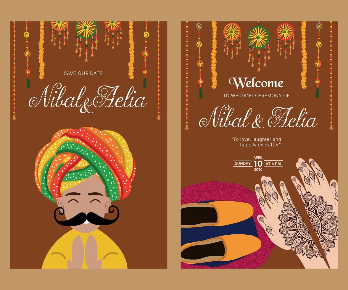 hindu wedding card design containing rajisthani man, groom shoes, mehndi hands and marriage ...