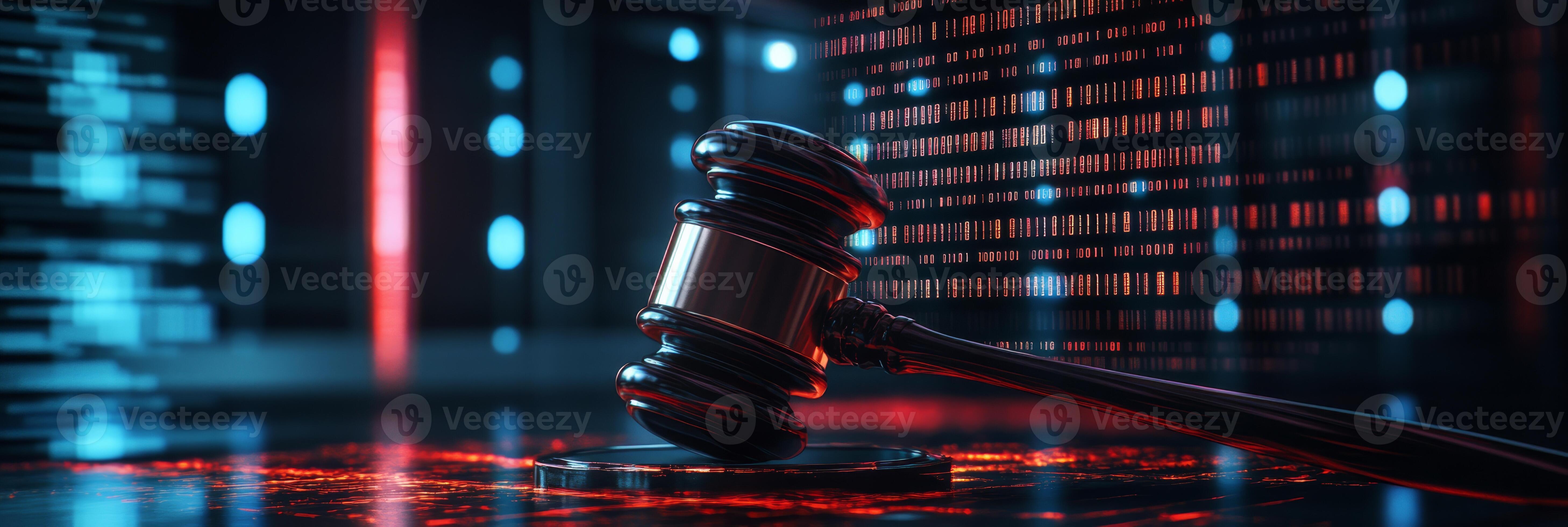 A striking and powerful image features a judicial gavel prominently positioned against the ...