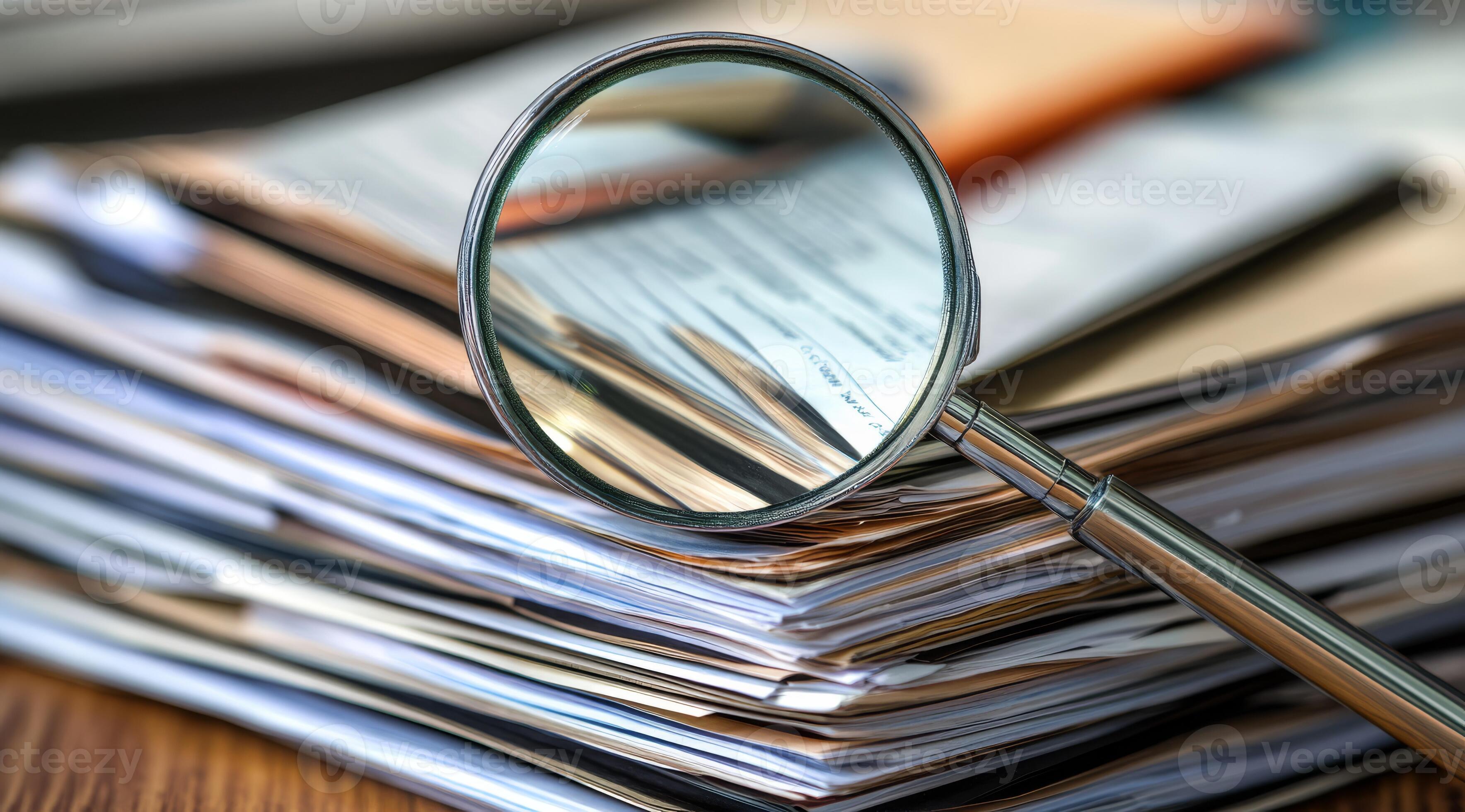 The image shows a closeup of a neatly arranged stack of documents highlighted by a magnifying ...