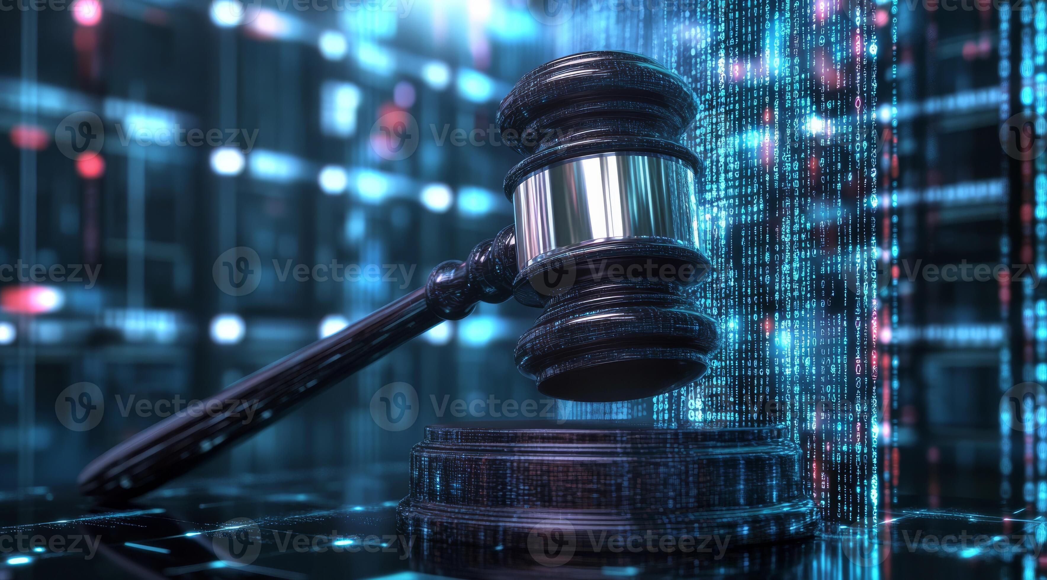 The image features a judicial gavel prominently set against a striking, futuristic AI data ...
