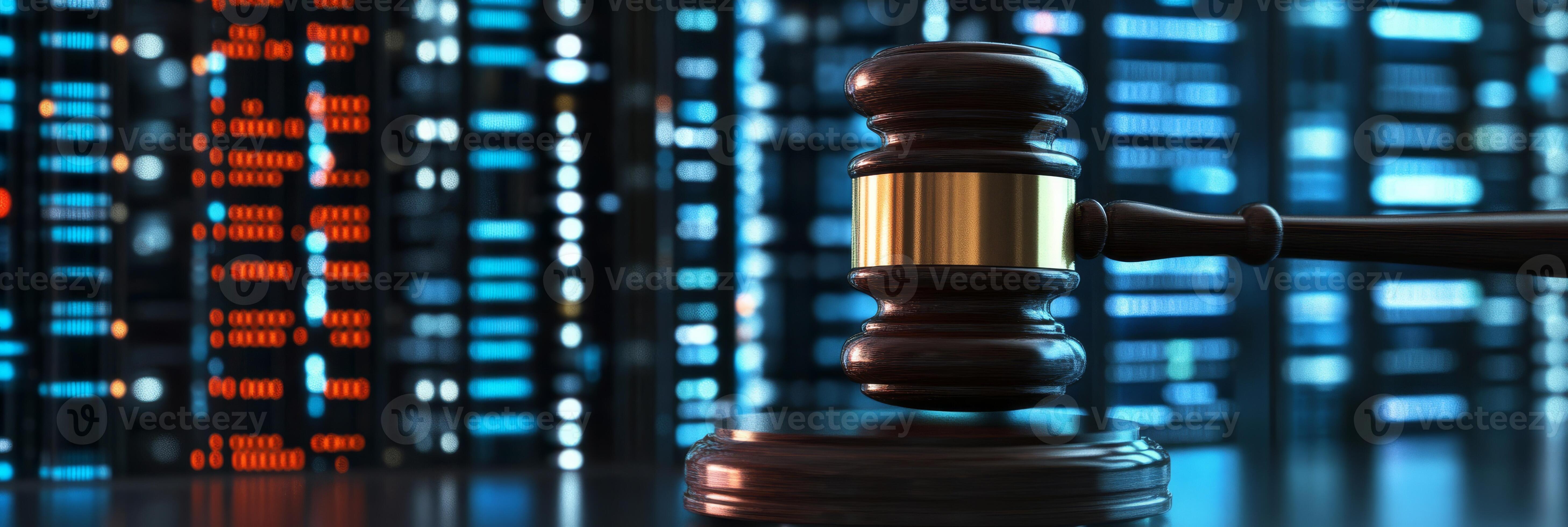 A judicial gavel rests prominently within a futuristic AI data center, serving as a powerful ...
