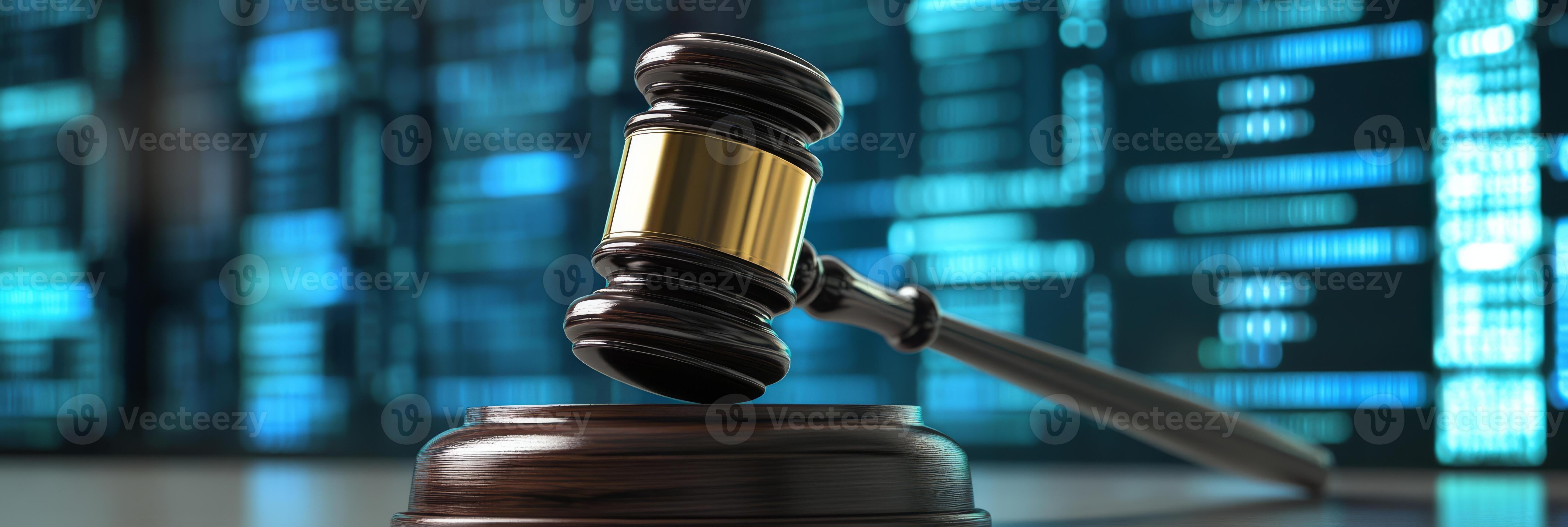 A judicial gavel positioned prominently in front of a large digital data center, symbolizing the ...