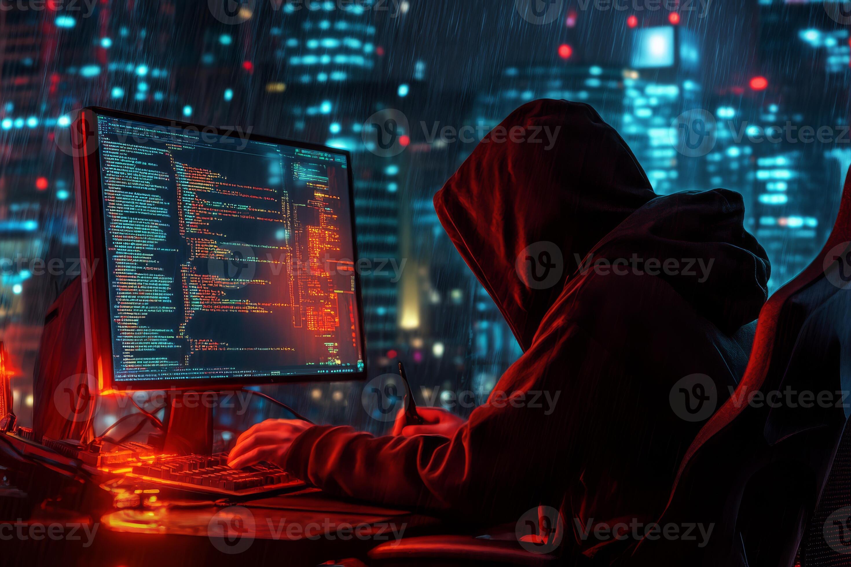 The dark silhouette of a hacker deeply immersed in lines of complex code represents the ...