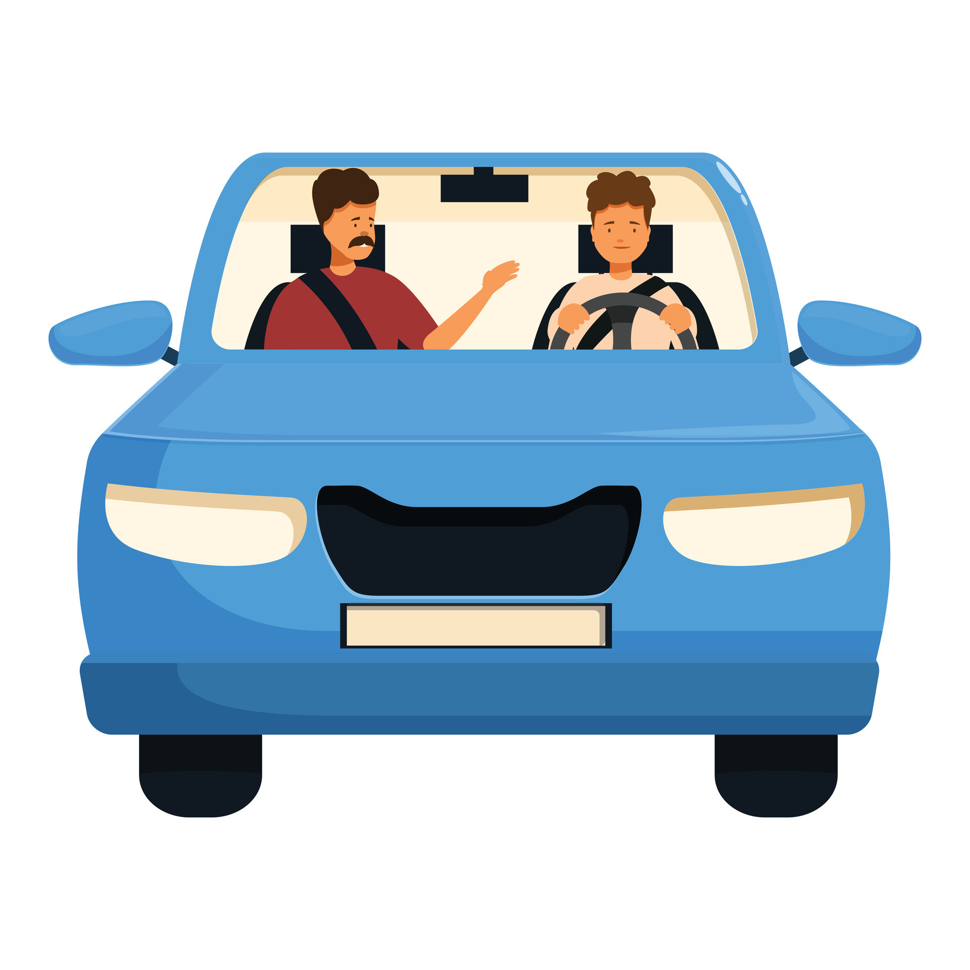 Driving instructor guiding student during driving lesson in blue car ...