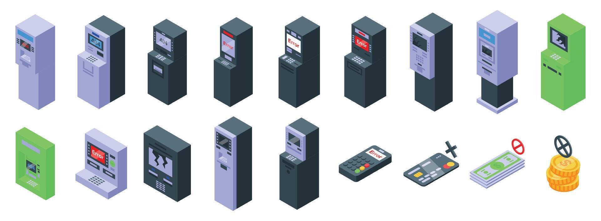 Broken ATM icons set. Different modern atm money machines with touch screen display and remote ...