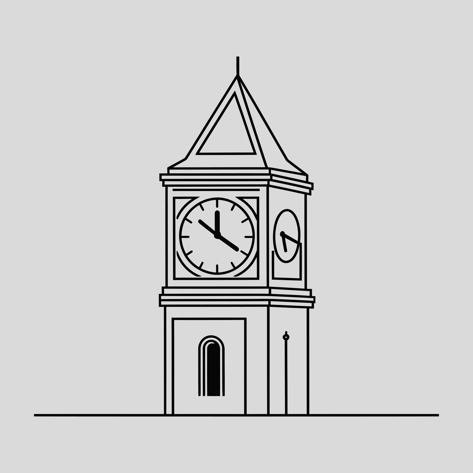 Sleek Modern Clock Tower Illustration outline Flat Architectural Drawing on a White Background ...