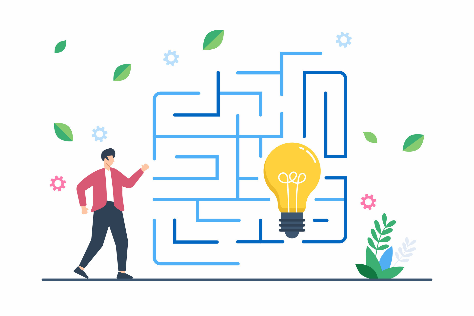 Flat illustration of person navigating maze with lightbulb guiding ... Flat illustration of person navigating maze with lightbulb guiding ...