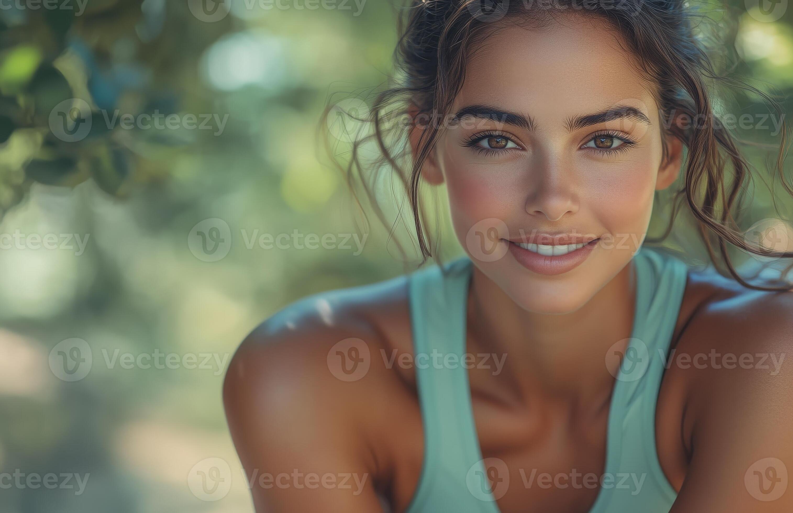A fit woman in her late thirties, smiling while stretching in light green fitness attire ...