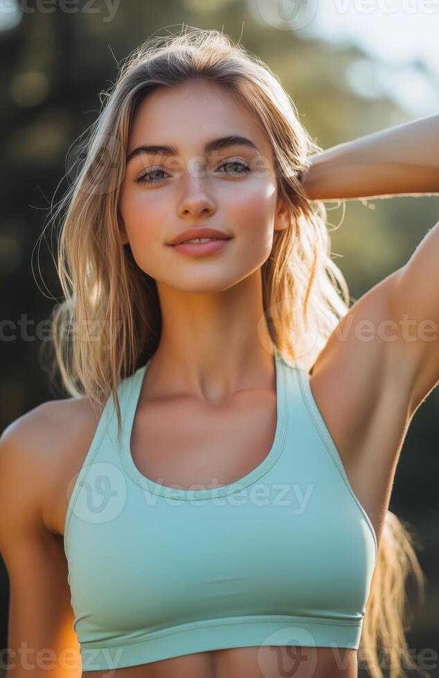 A fit woman in her late thirties, smiling while stretching in light green fitness attire ...