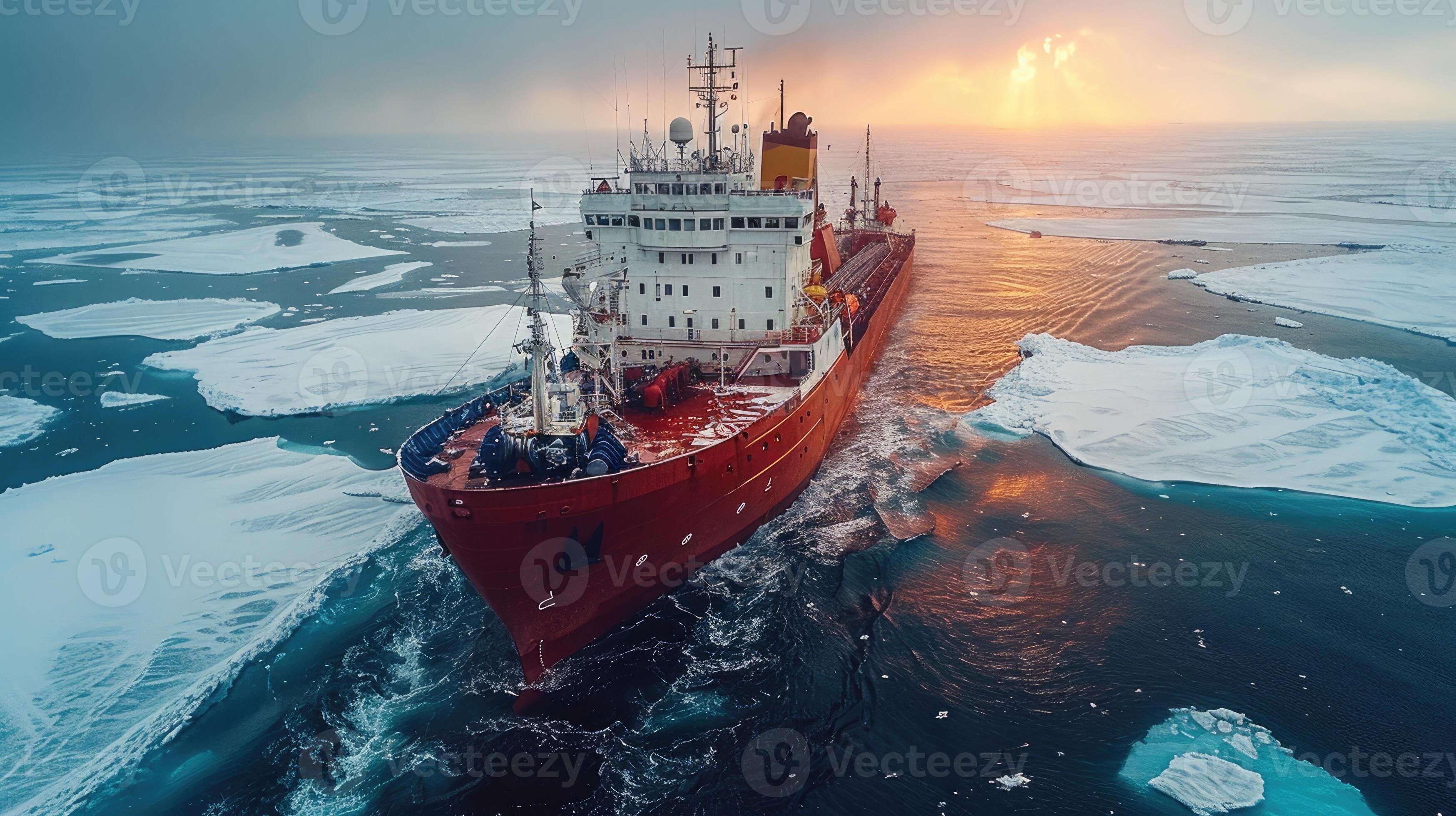 Red icebreaker ship navigating through a frozen sea at sunset 49544685 ... Red icebreaker ship navigating through a frozen sea at sunset 49544685 ...