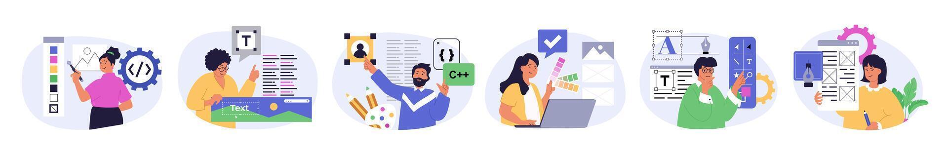 Design Development Concept Set In Flat Design For Web Collection With People Creating Interface