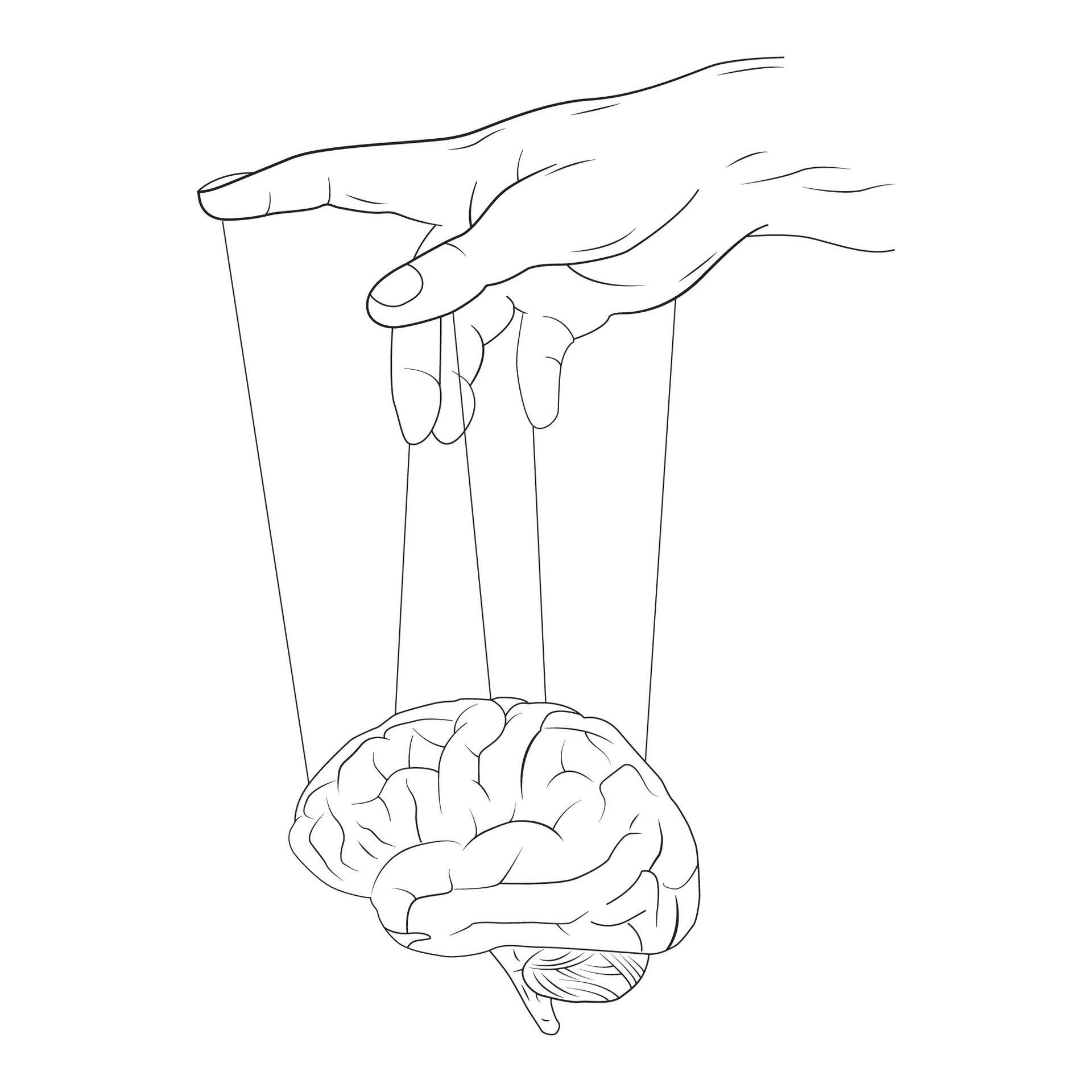 A human hand is manipulating a brain with strings, as if controlling a ...