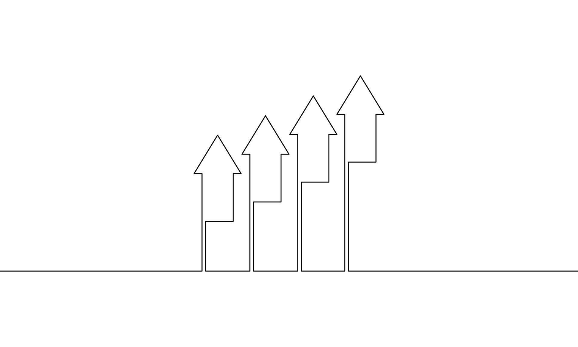 Continuous line drawing of graph business icon. bar chart, growth up, increase arrow, one line ...