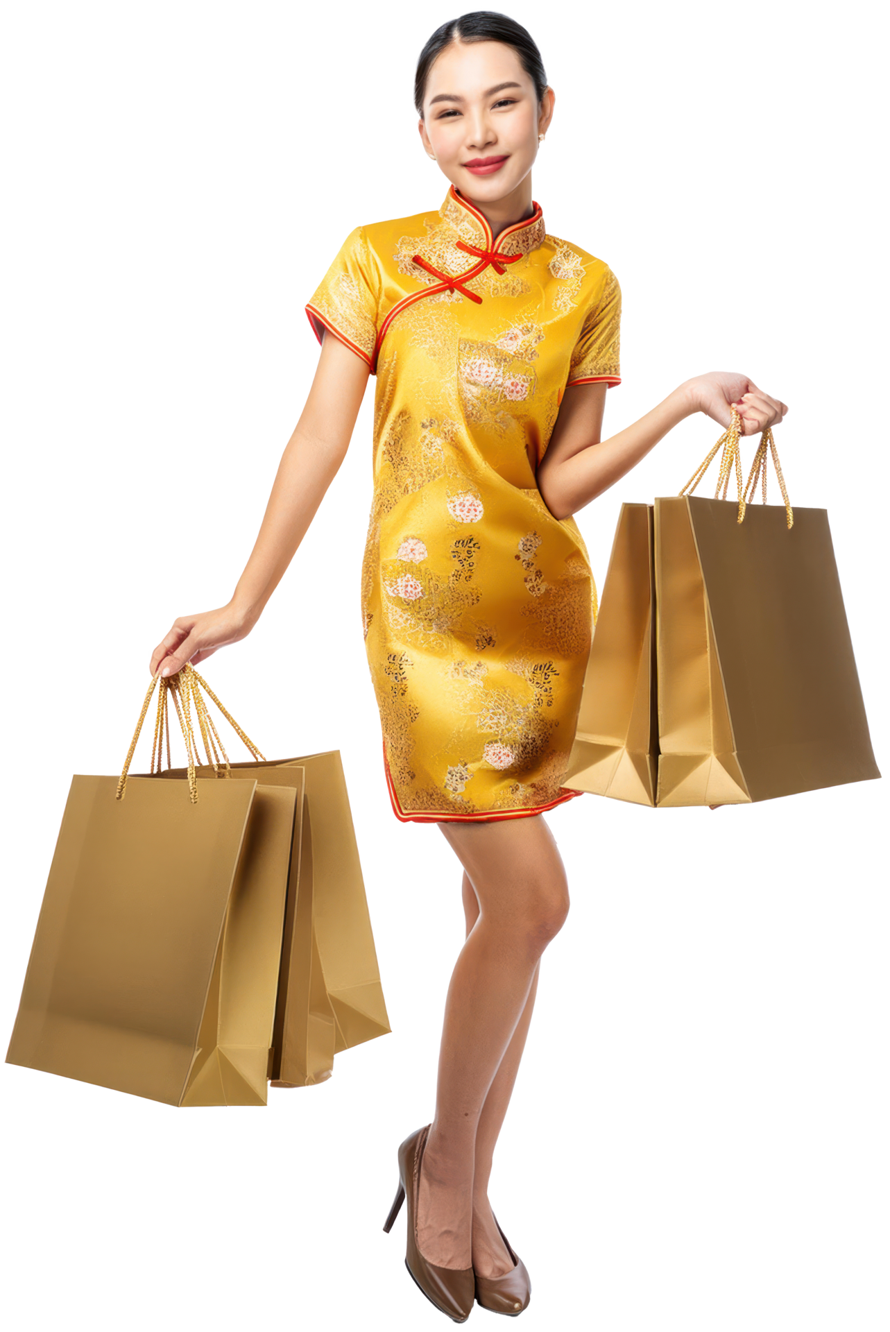 Chinese Girl Wearing Shopgold Cheongsam Chinese Traditional Dress Happy
