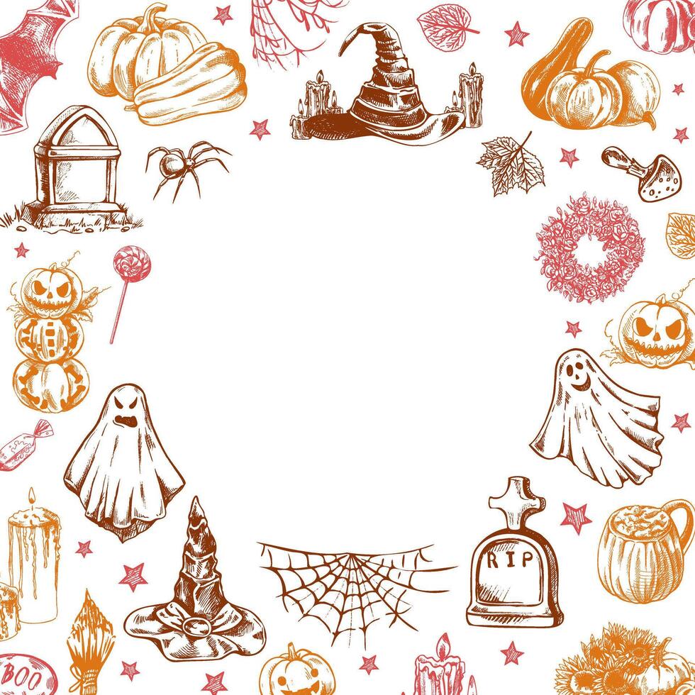 Set of halloween elements in sketch style. Design of ghosts, creepy and ...