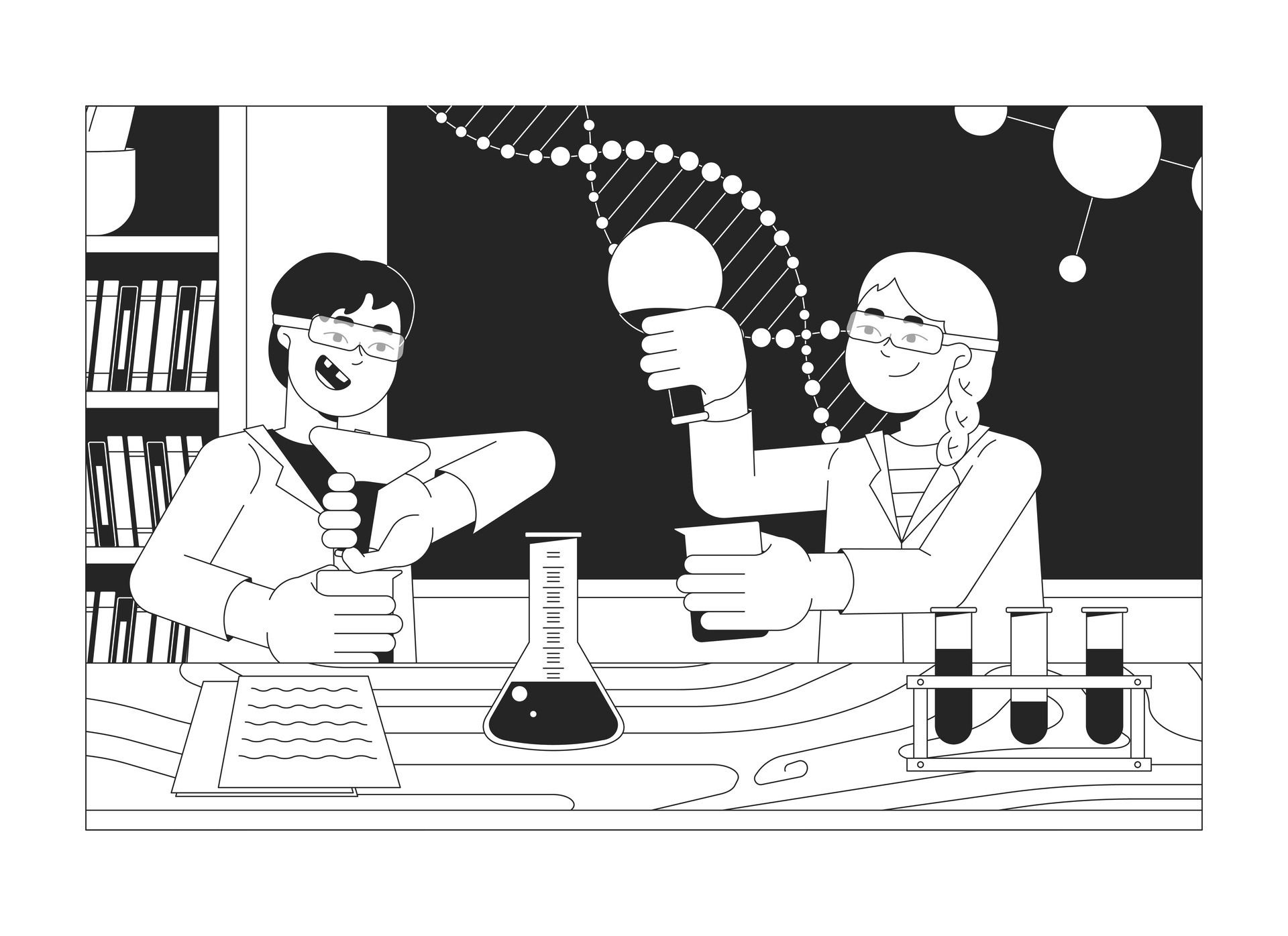 inspirado niños estudiantes haciendo químico experimentos negro y ...