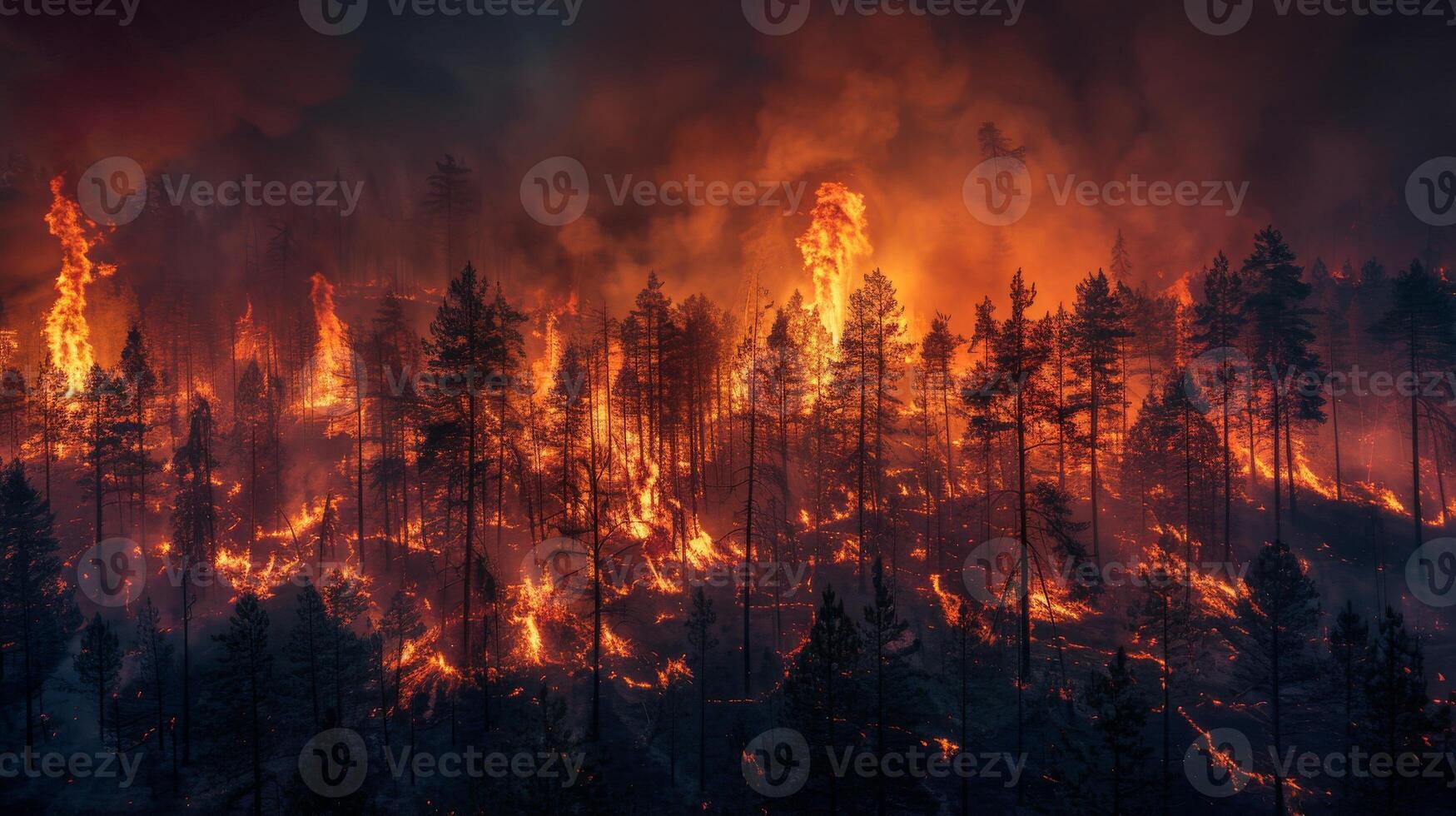 Devastating flames consume a vast forest, creating a striking contrast against the darkened sky ...