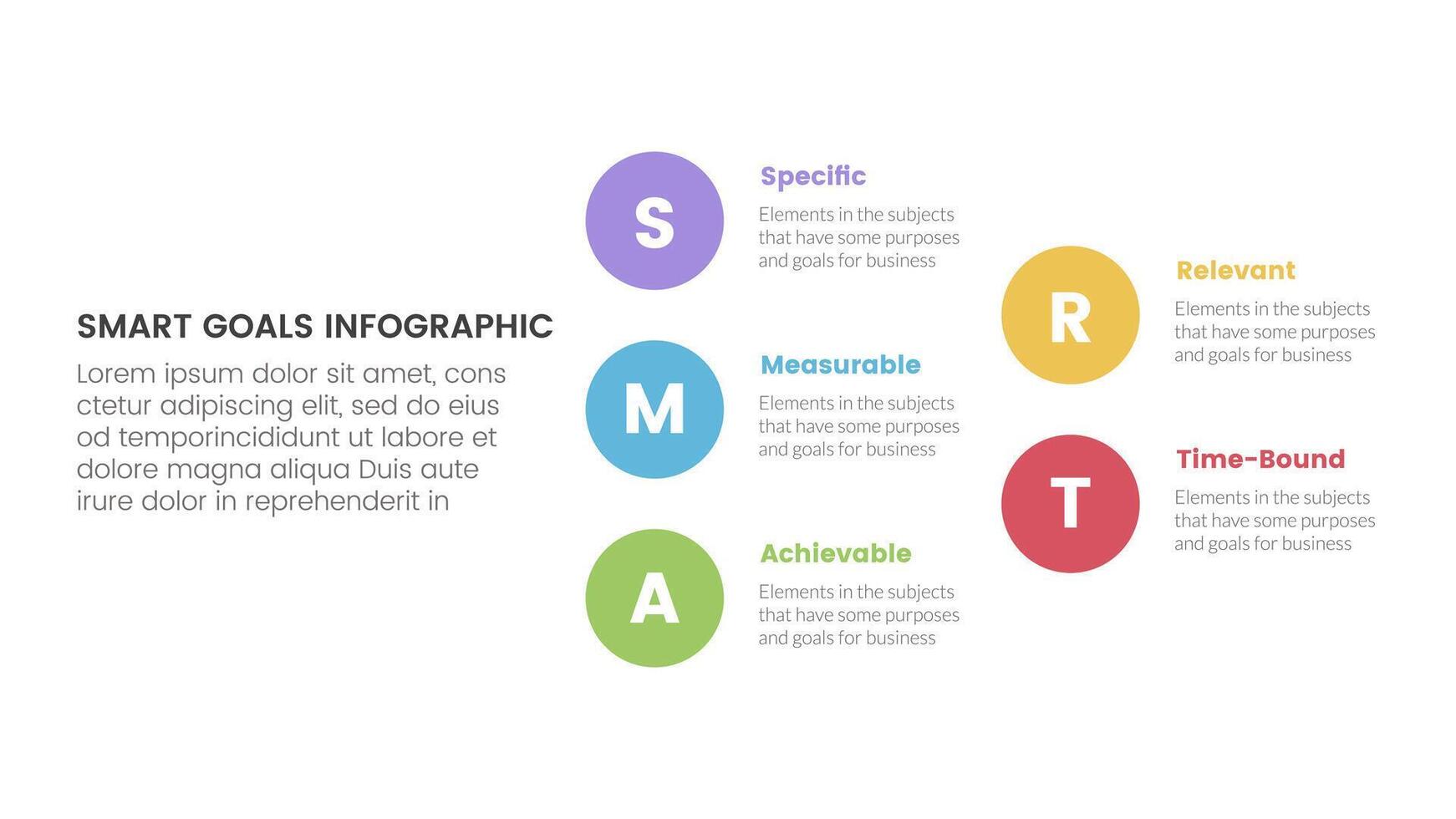 SMART goals setting framework infographic with big circle stack arrow ...
