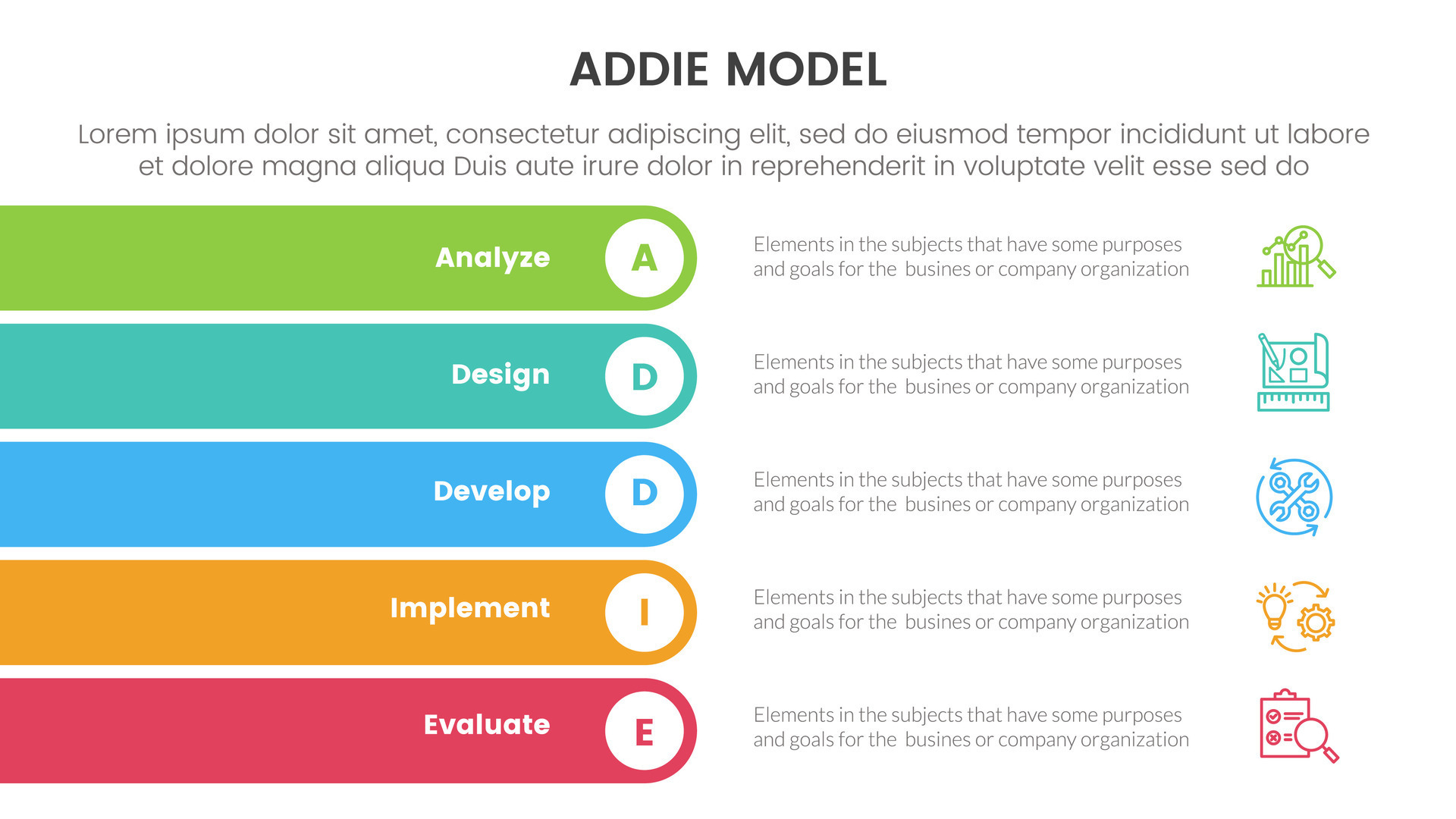 ADDIE model framework infographic template banner with rectangle round ...