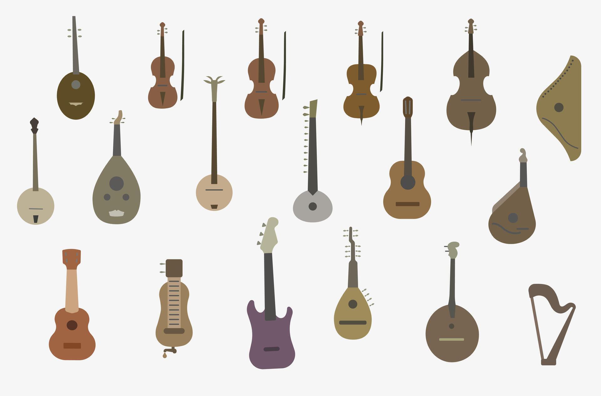 A set of string musical instrument. Colored set of string instruments ...