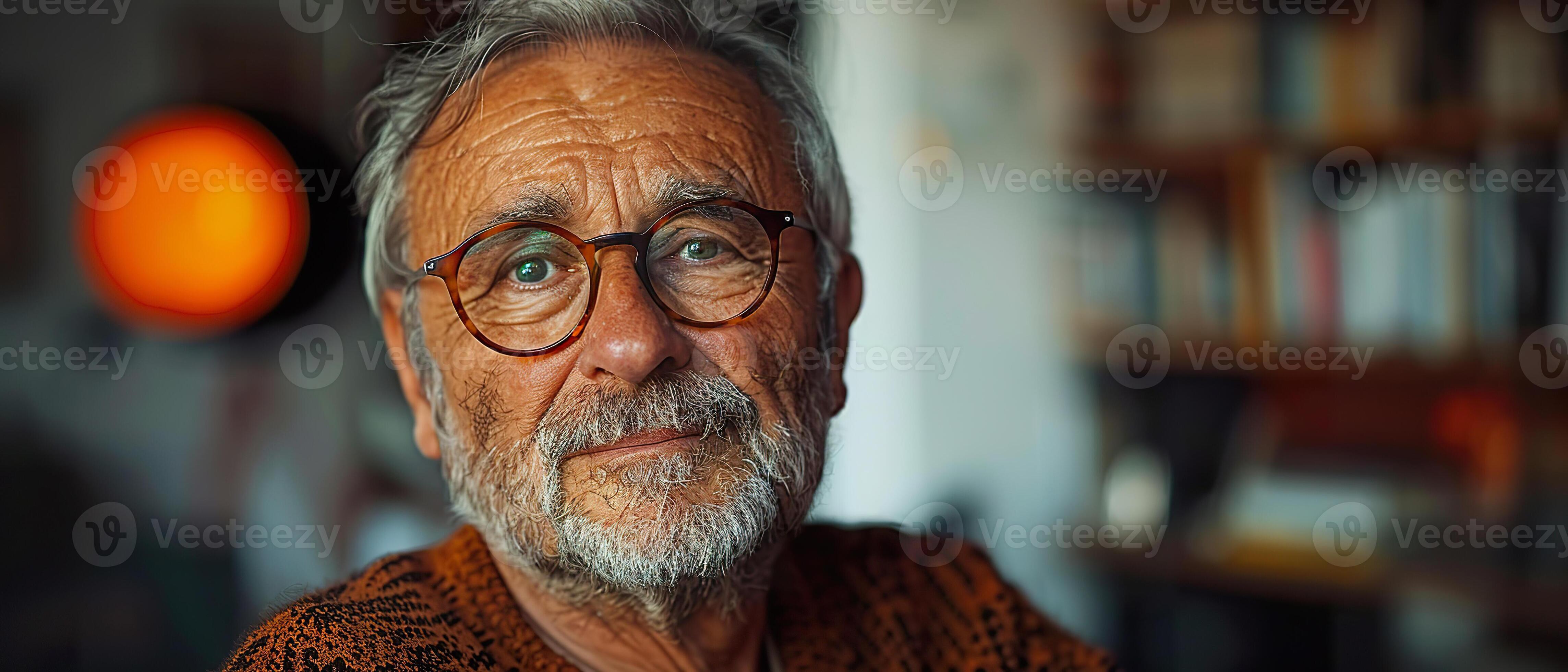 Older computer programmer looks joyfully at the camera in his workspace ...
