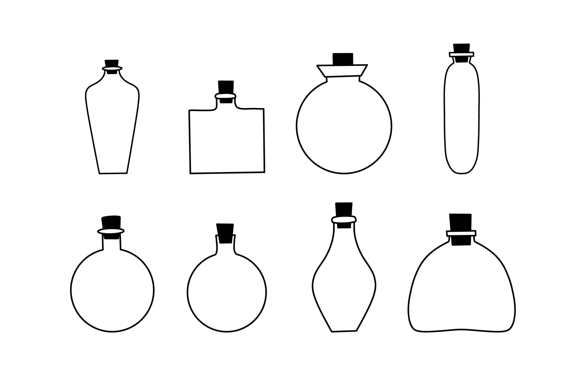 Big Collection Of Glass Bottles In Doodle Style Linear Hand Drawn Illustration Isolated On