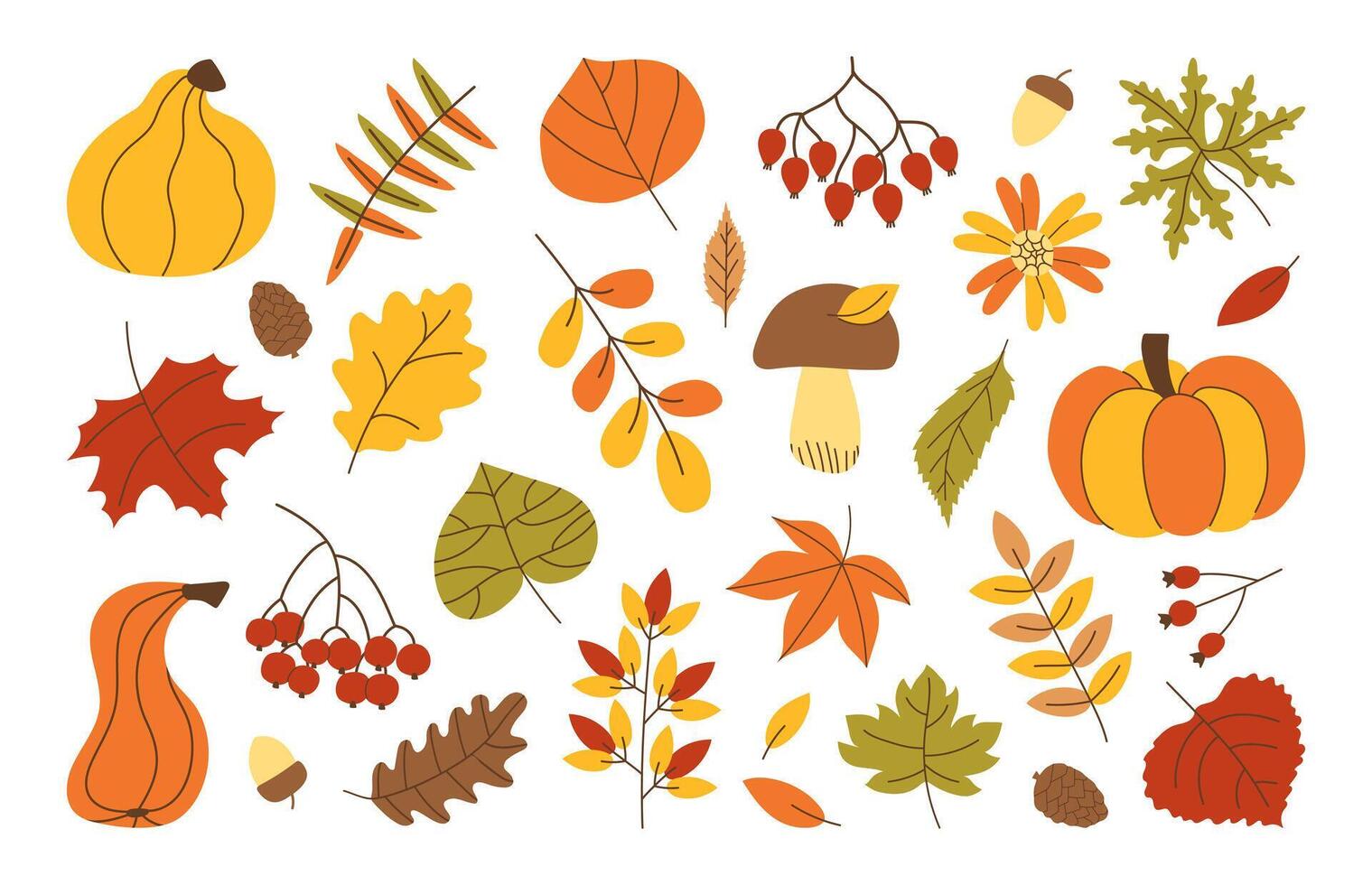 Hand drawn Set Autumn elements. Bright doodle Fall leaves mushroom ...
