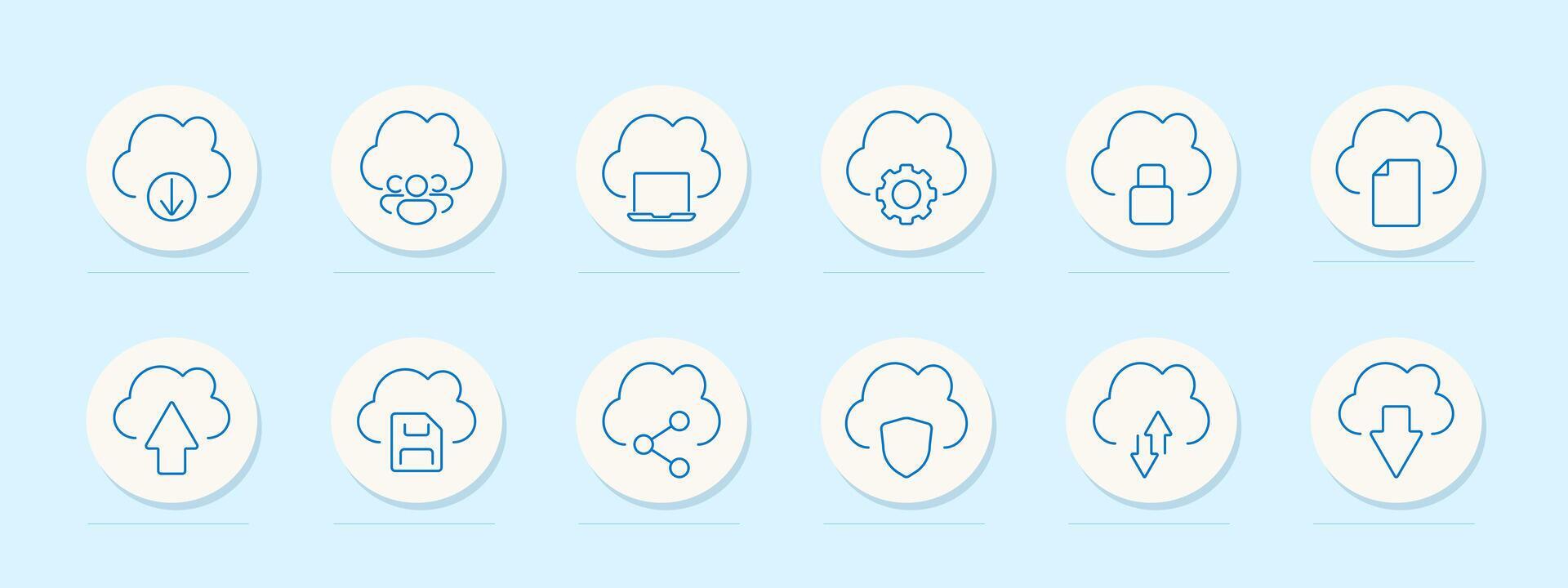 Cloud Computing Set Icon Upload Download Sharing Laptop Settings Security Folder