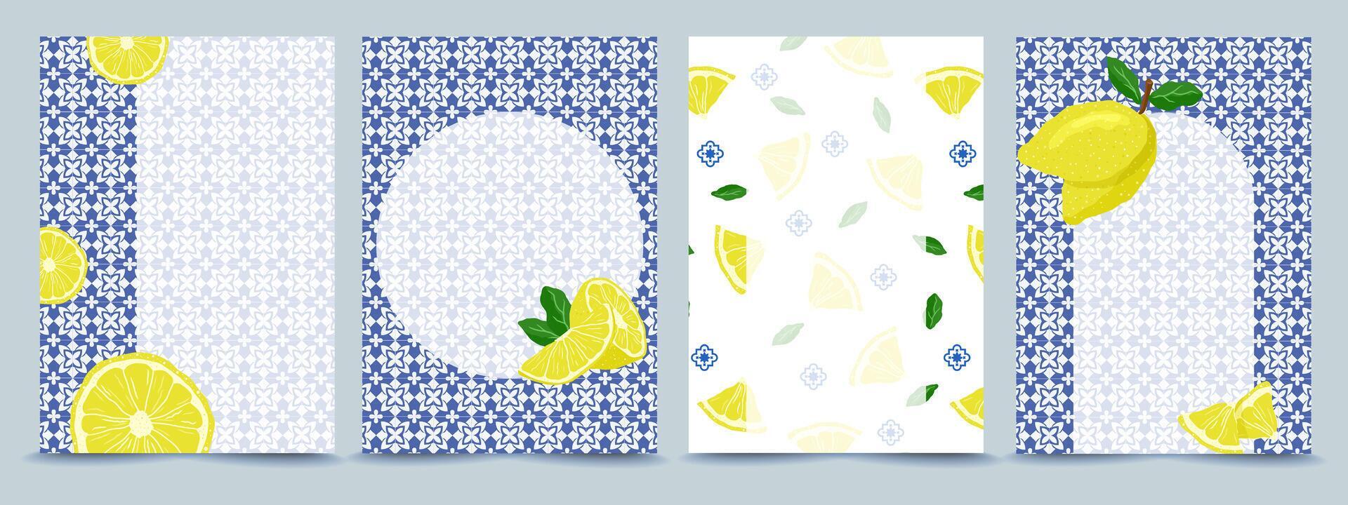 Lemon themed card set with blue floral tiles. Frames and background ...