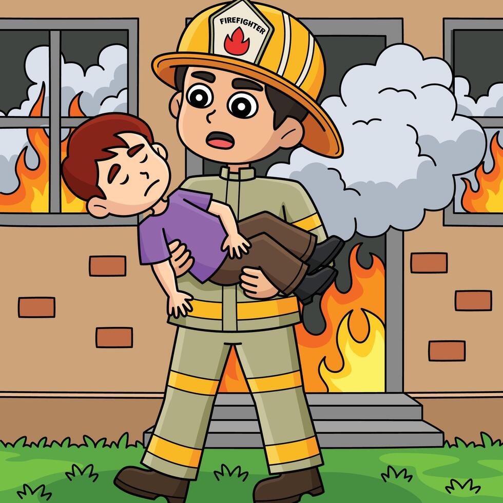 Firefighter Saving the Kid Colored Cartoon 49654039 Vector Art at Vecteezy