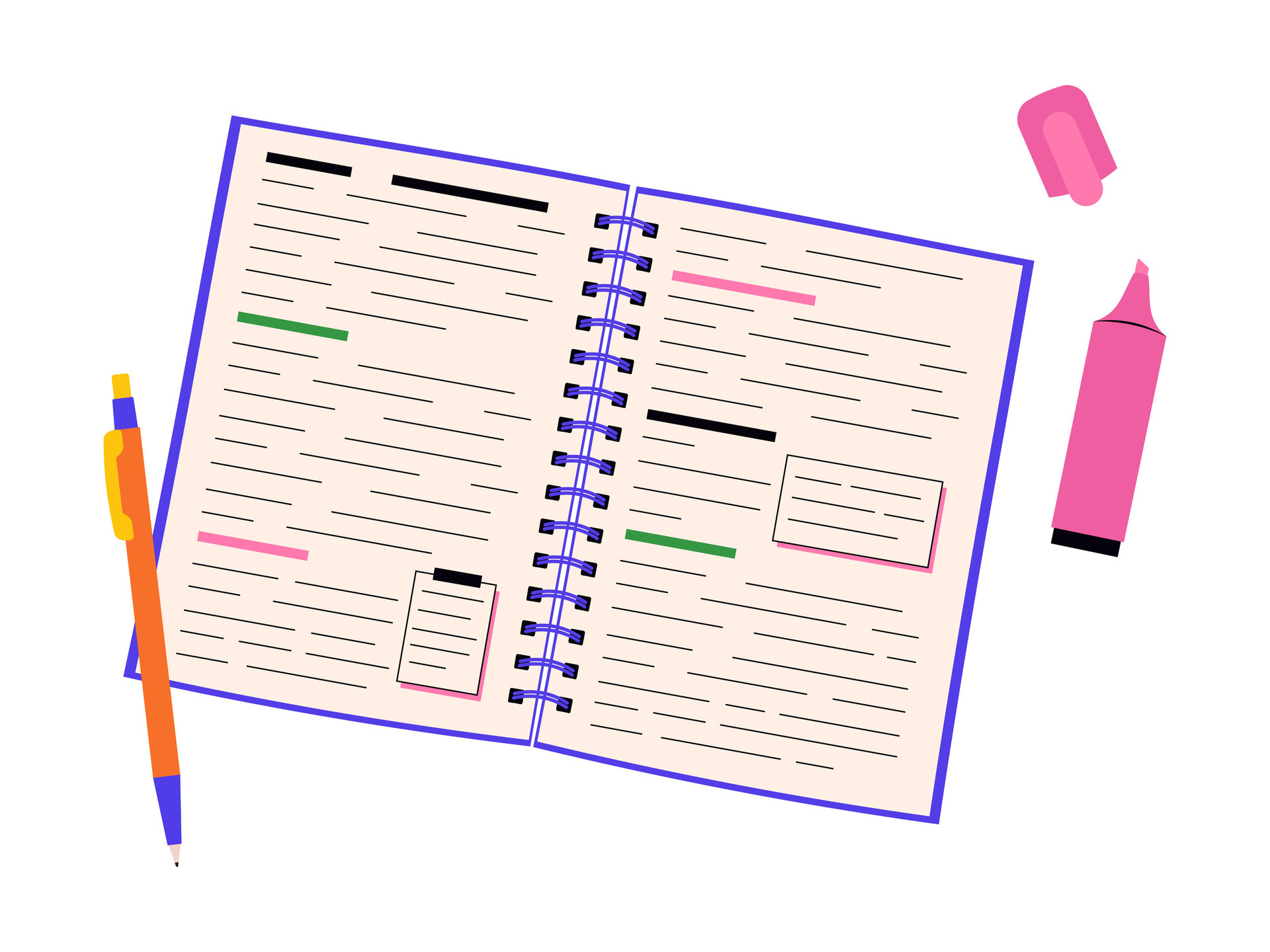 Open notebook top view with text and highlighted lines. illustration ...