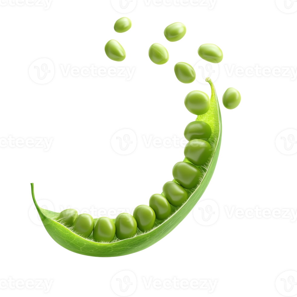 Fresh green pea pod with peas bouncing against white background ...