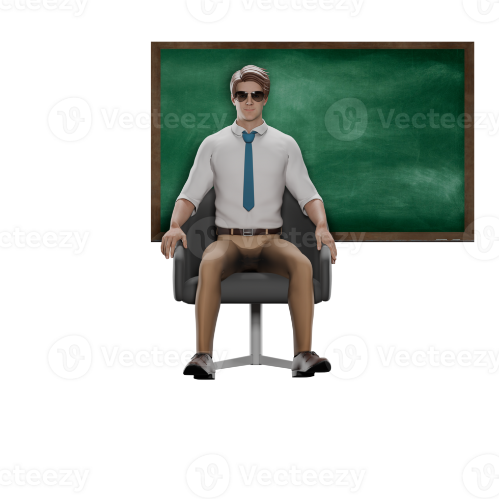 Masculino Profesor Personaje Masculino Profesor Es Sentado En Frente De Un Pizarra 3d