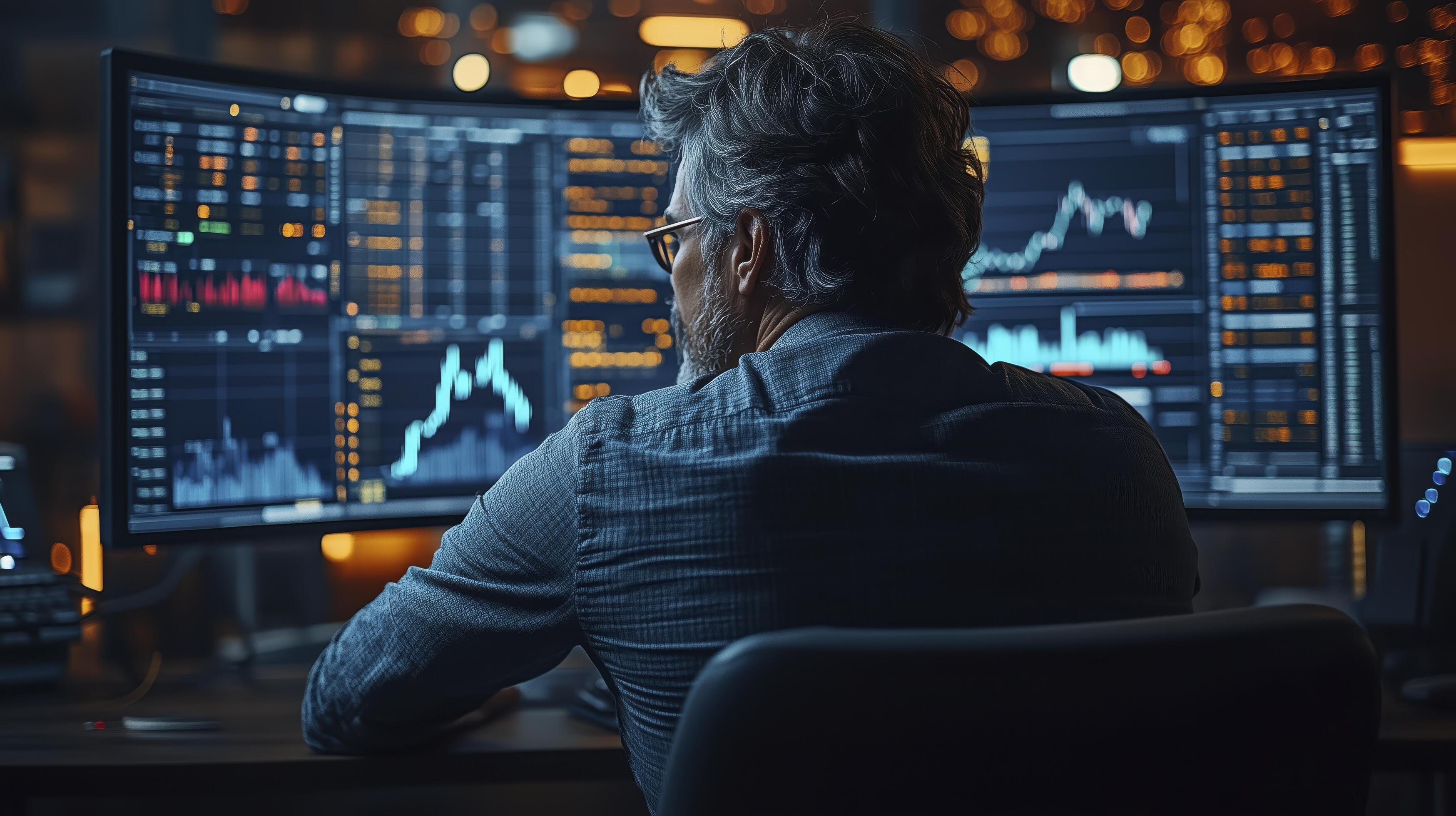 Financial Analyst Is Working Late Analyzing Stock Market Data On