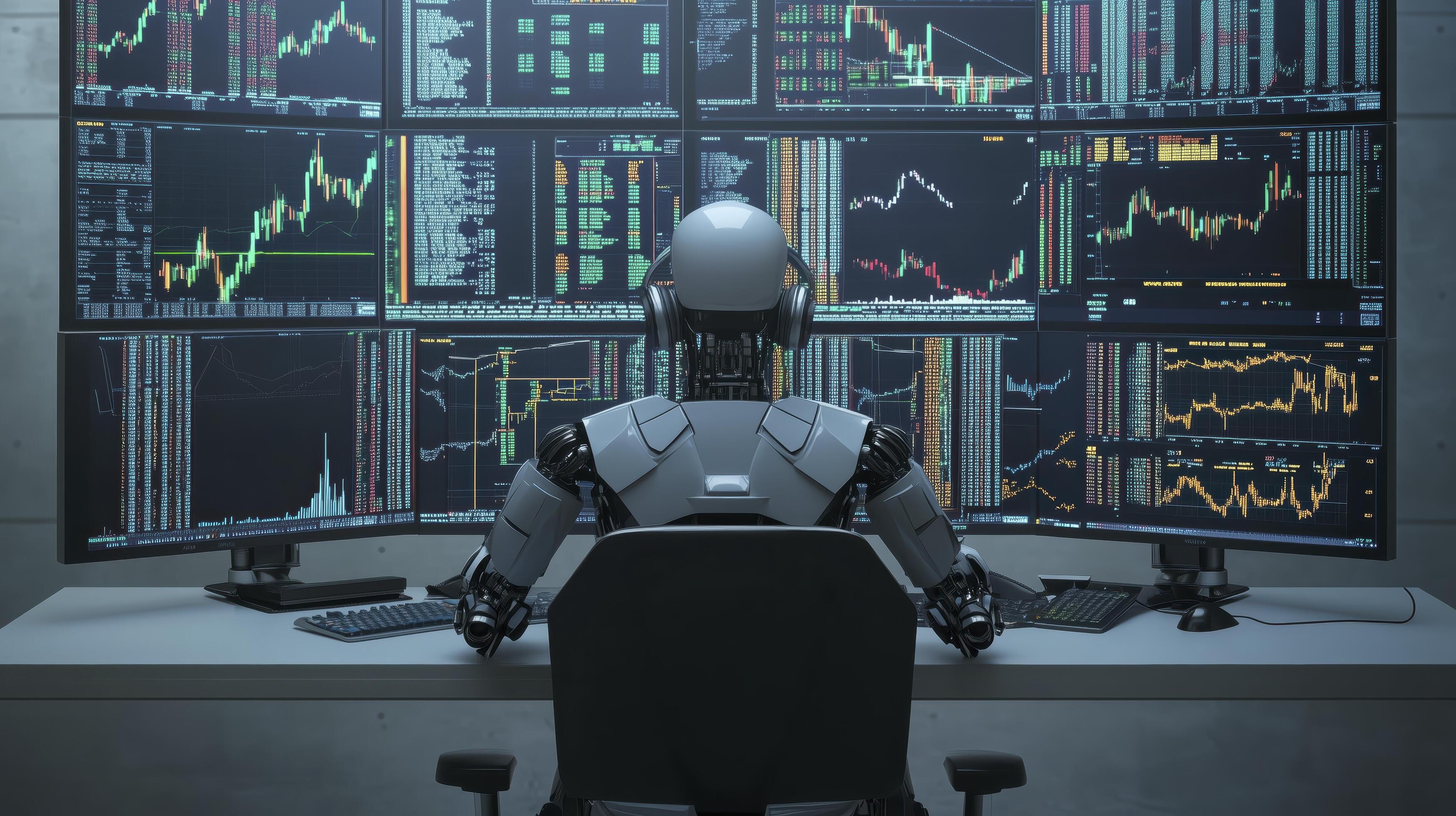 Robot stock trader analyzing real-time data from multiple computer screens, making investment ...