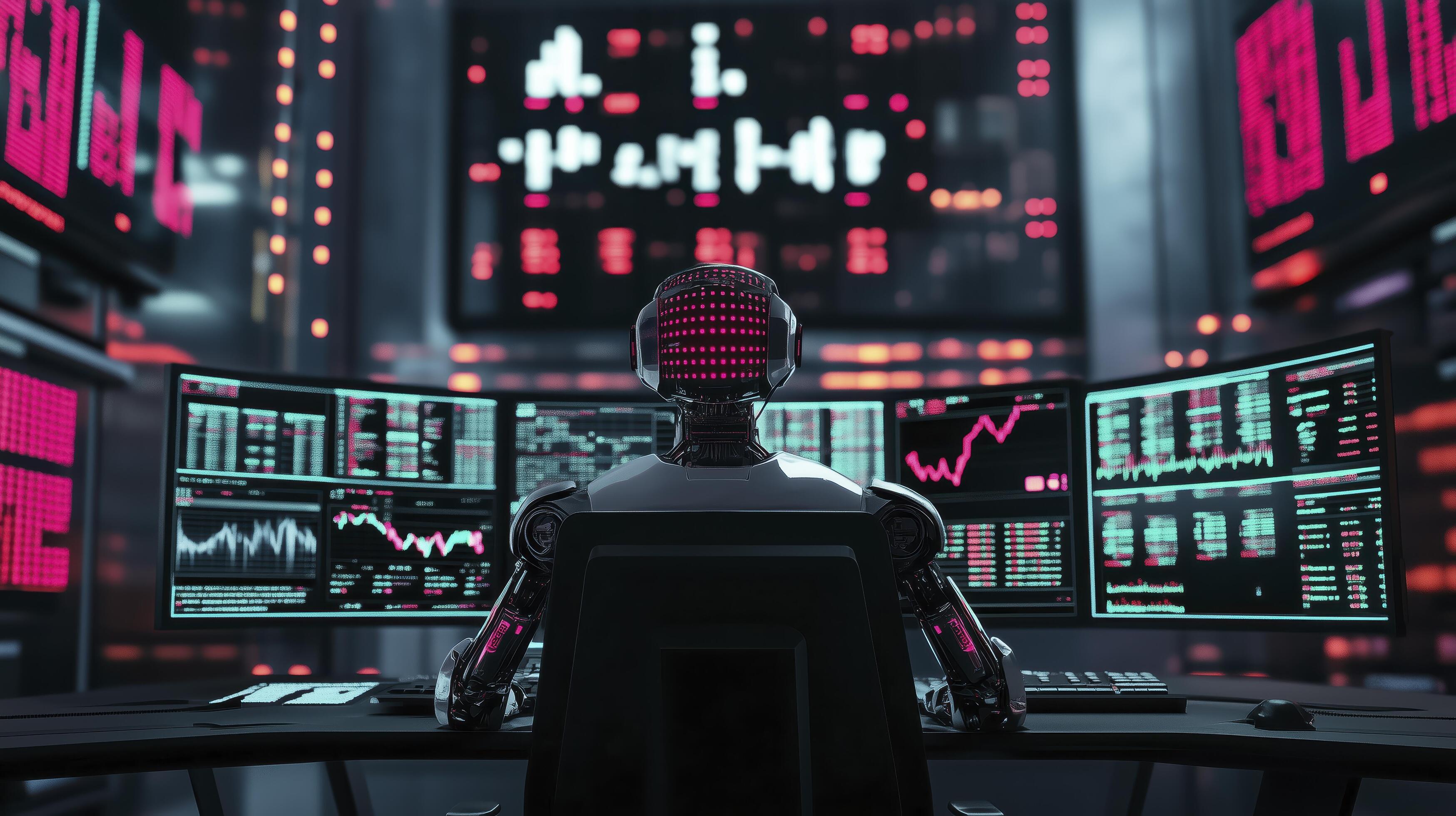 Robot Trader Is Analyzing Stock Market Data On Multiple Monitors With Charts And Numbers