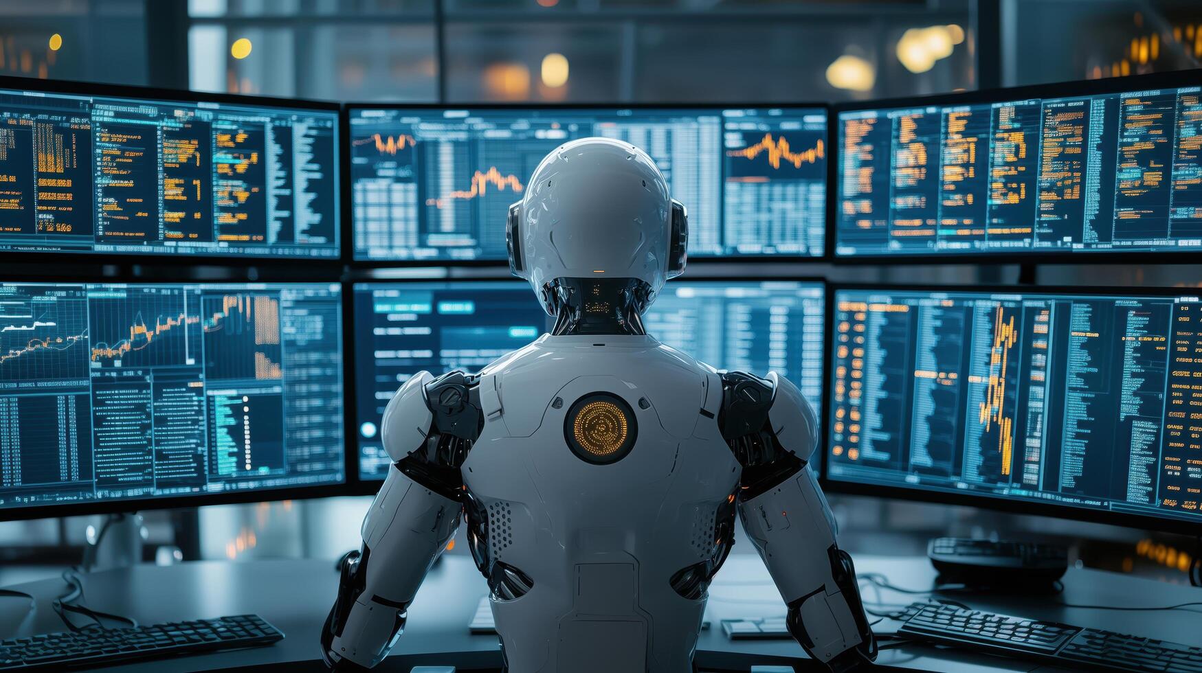 Ai Robot Trader Analyzing Data And Charts On Multiple Monitors In A Dimly Lit Office At Night