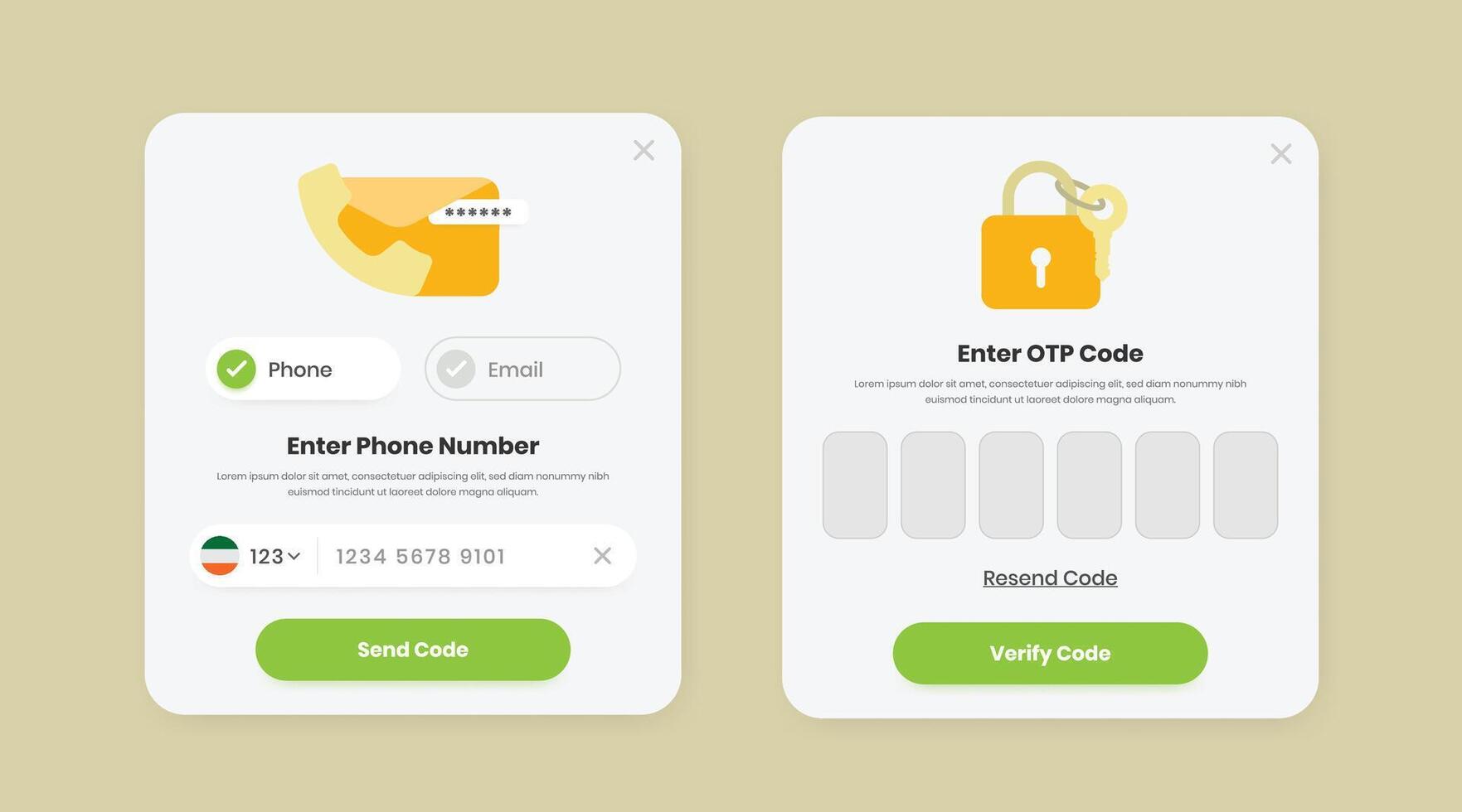 Secure login phone and email OTP verification popup ui element kit design with illustration ...