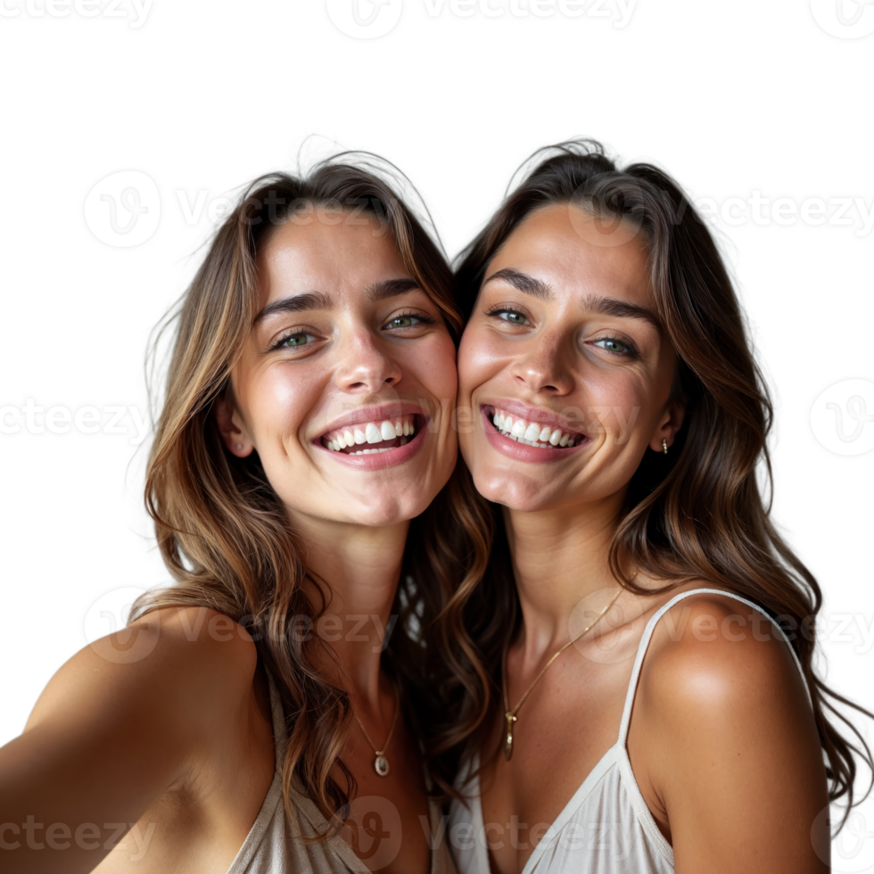 Two women with long brown hair smile at the camera for a selfie ...