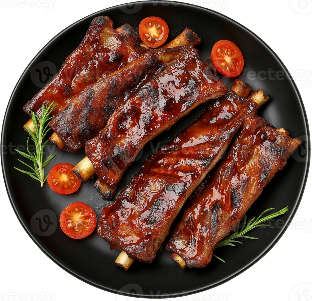 Barbecue Ribs Bar B Q Ribs Isolated Delicious Grilled Ribs In A Black Plate Illustration
