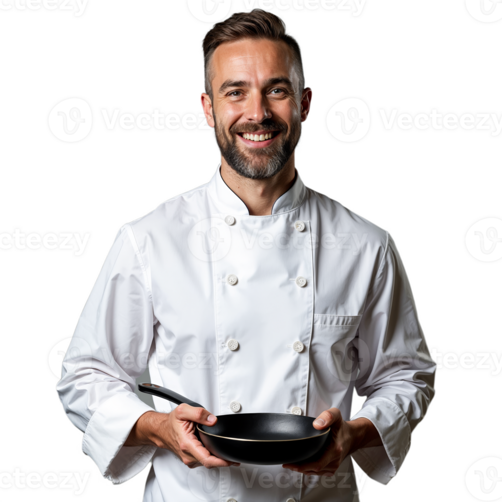 Male chef in a transparent coat holding a pan and smiling on a ...