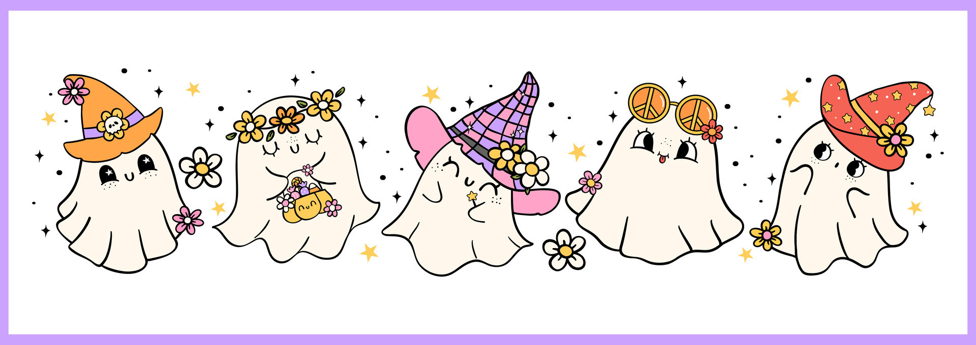 Groovy Halloween Happy Retro Ghosts Cartoon character Lined Doodle ...