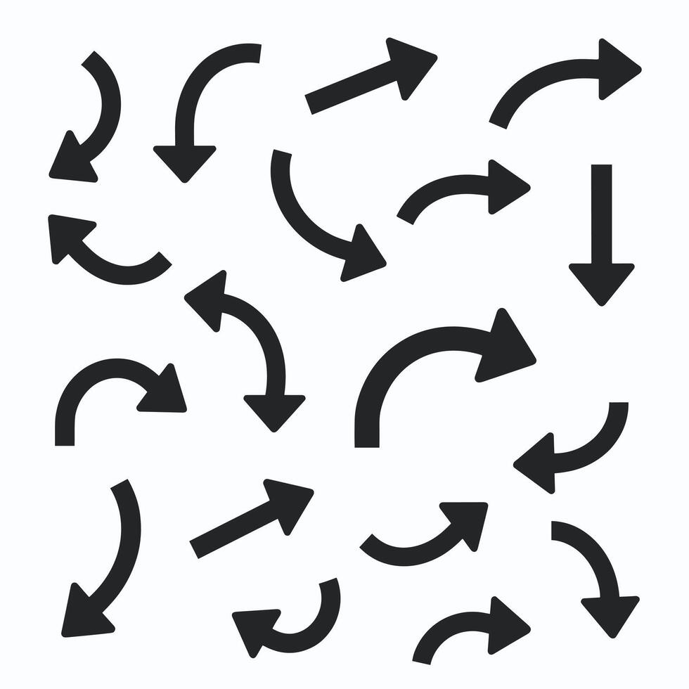 Black arrows of various shapes and directions on a white background ...