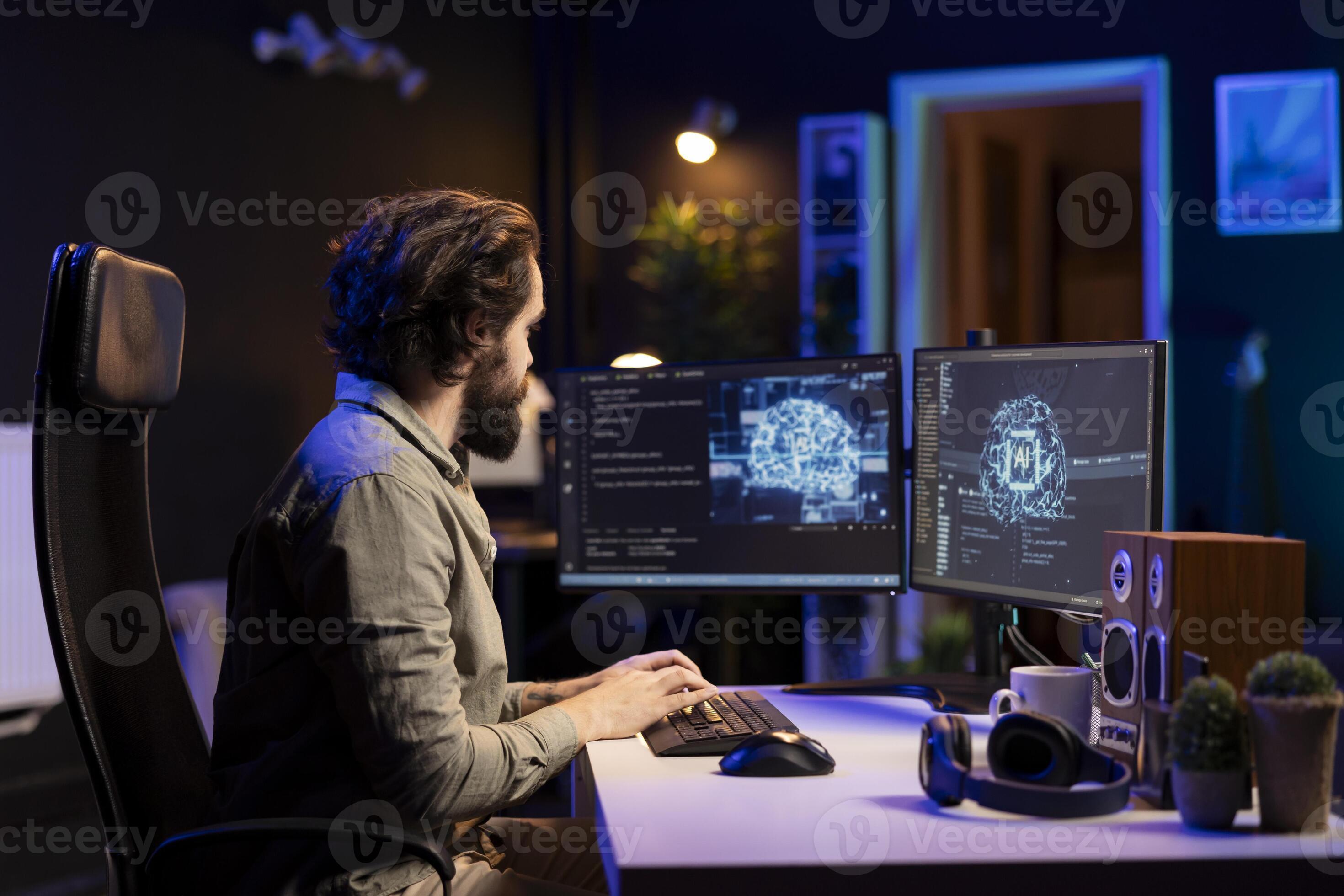 Developer using computer to update artificial intelligence machine learning algorithm, writing ...