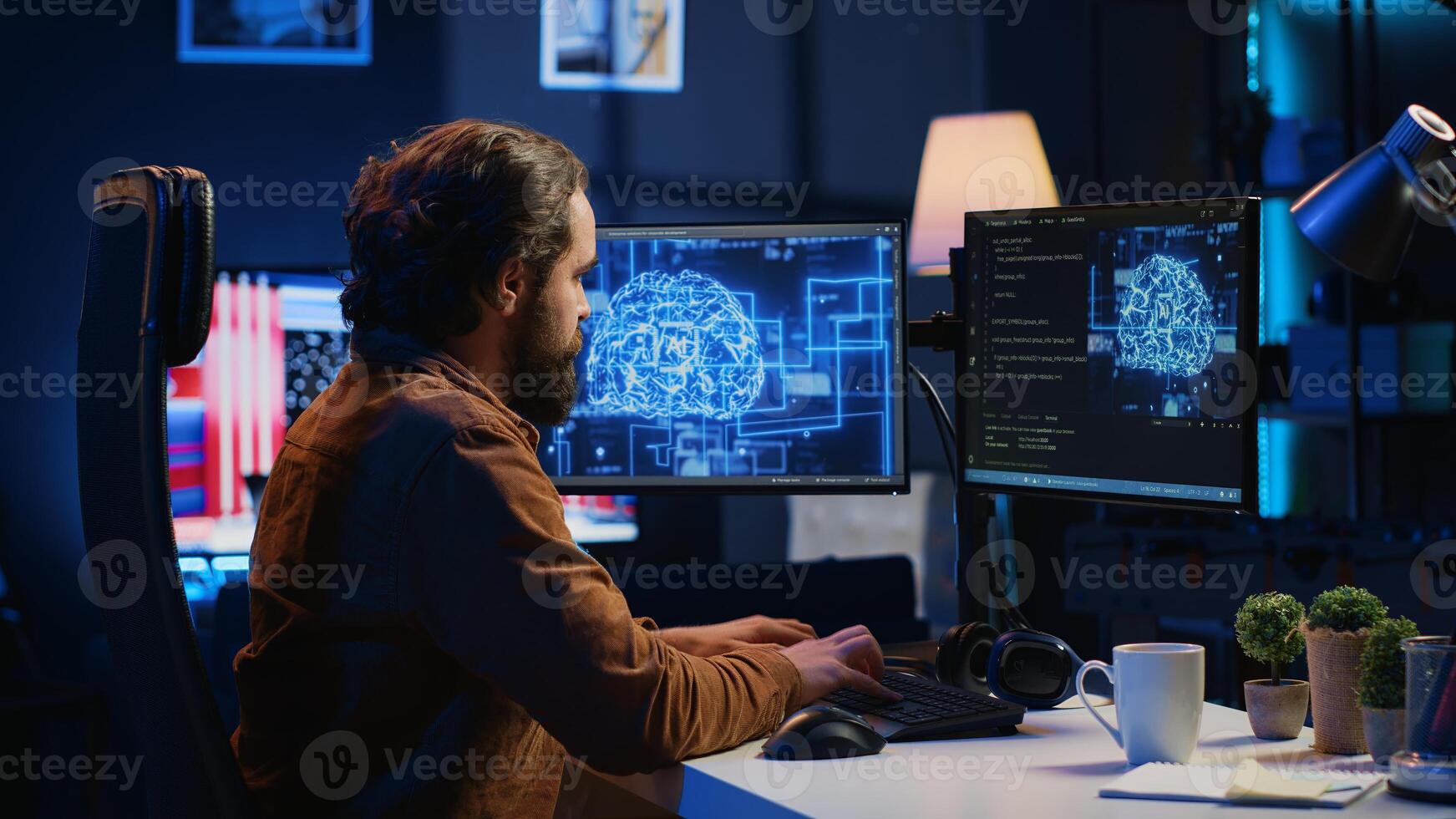 Software developer writes code on multimonitor setup PC to visualize ...