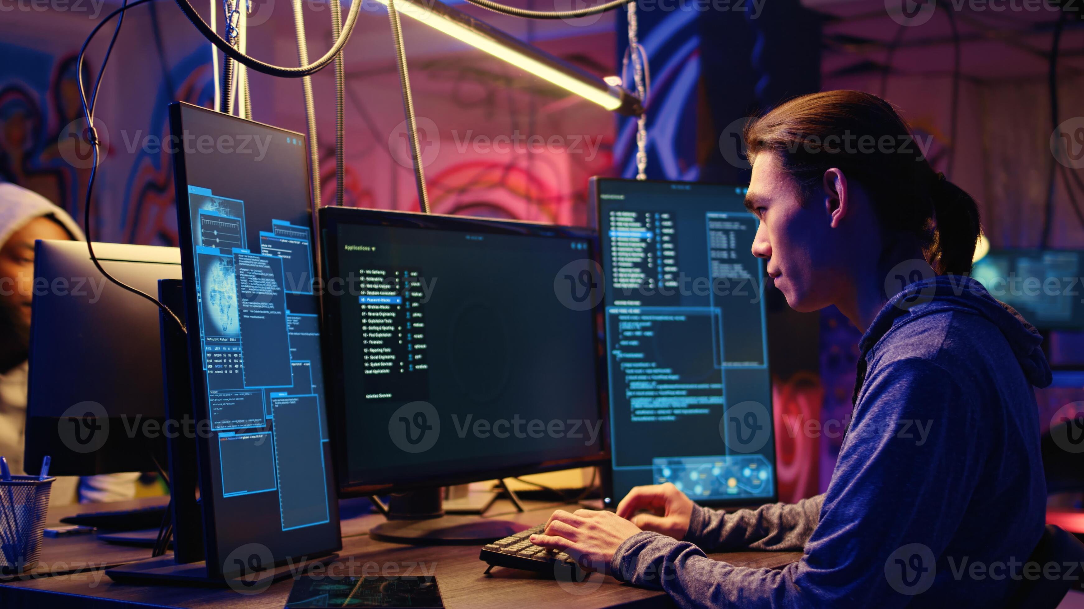 Tracking shot of asian hacker arriving in hidden underground shelter ...