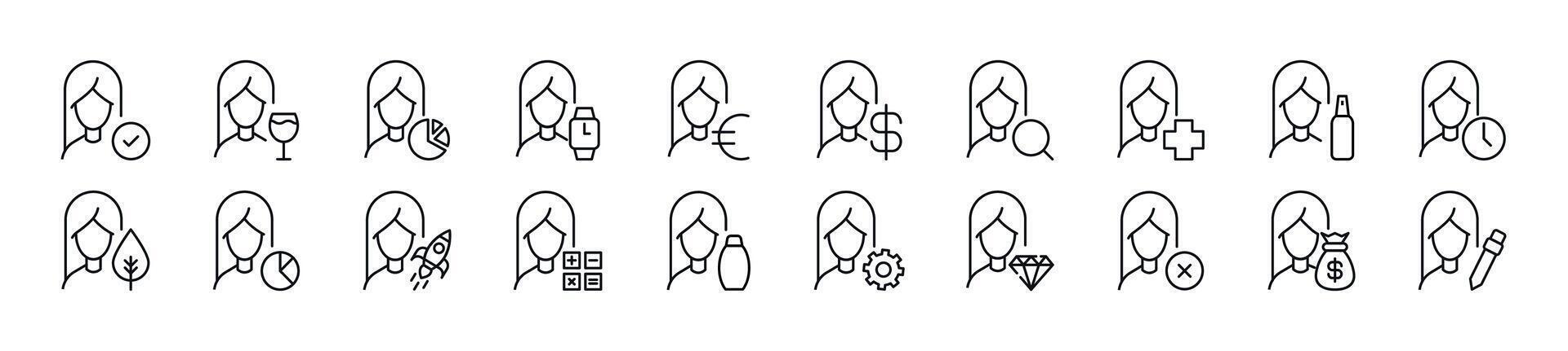 Pack Of Linear Symbols Of Female User By Items Editable Stroke Linear Symbol For Web Sites