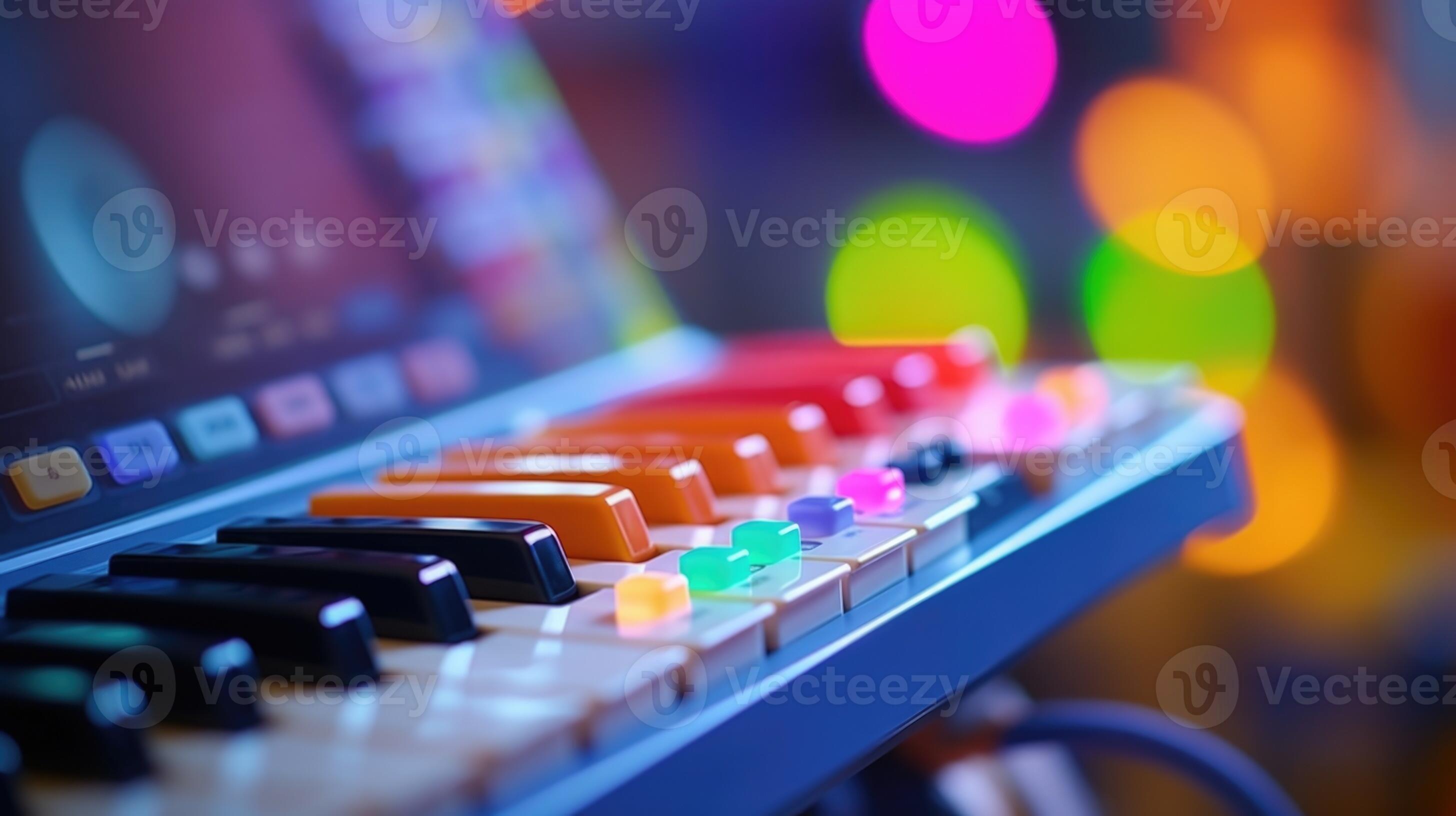 Closeup of colorful ons on a music keyboard connected to a computer ...