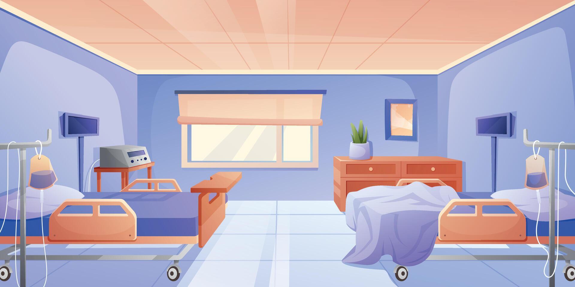 hospital sala interior con paciente camas, equipo y ventana. dibujos animados horizontal ...