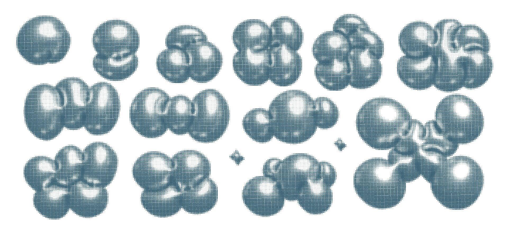 Liquid chrome babble molecule elements set in dotted halftone style. Bubble metal shapes ...